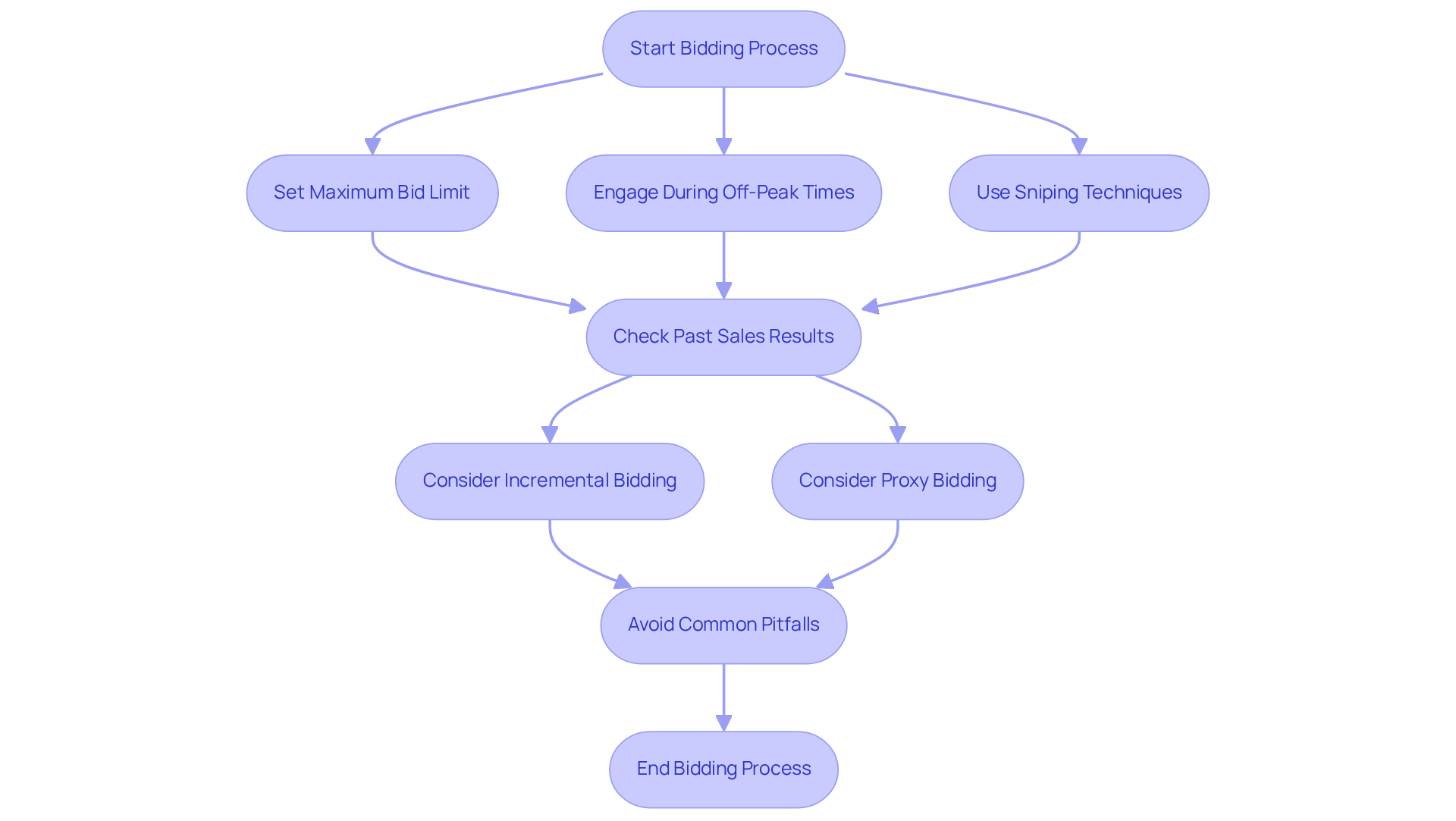 Follow the arrows to see the steps you need to take for successful bidding in beauty auctions. Each box represents a key action or strategy to help you win great deals!