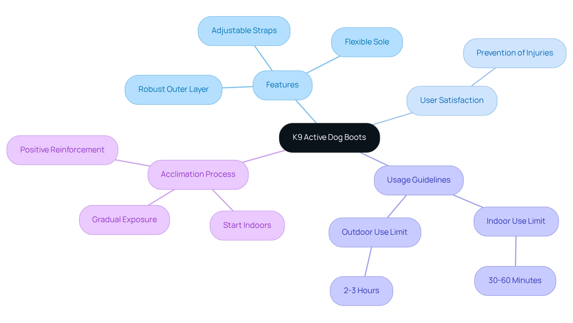 The central idea is the dog boots, with branches highlighting their features, user experiences, how to use them properly, and tips for getting dogs comfortable with wearing them. The central idea is the dog boots, with branches highlighting their features, user experiences, how to use them properly, and tips for getting dogs comfortable with wearing them.