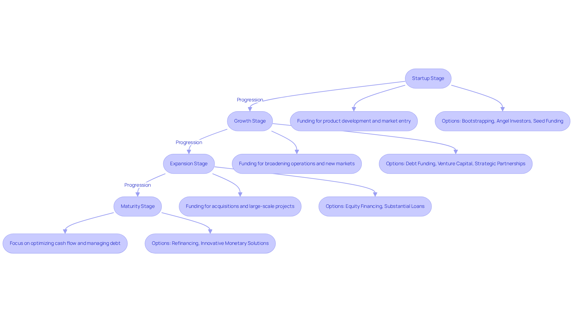 This flowchart shows the different stages of business development and the financing needs at each stage. Follow the arrows to see how each stage builds on the previous one, with specific strategies and considerations for securing funding.