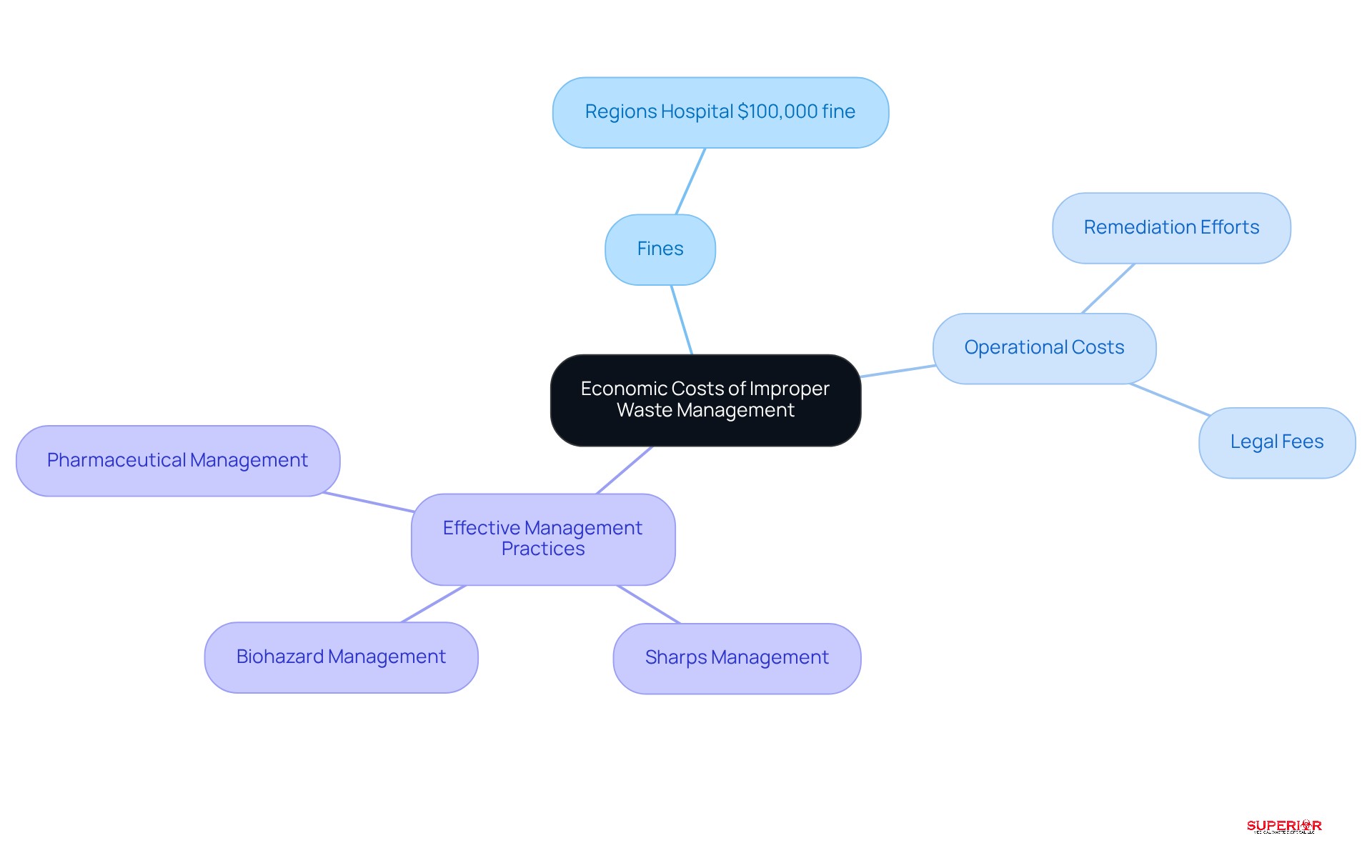 The central node represents the overall topic, while branches show different aspects of waste management costs and practices. Each branch connects to specific examples or categories, helping you see how they relate to the economic impact.