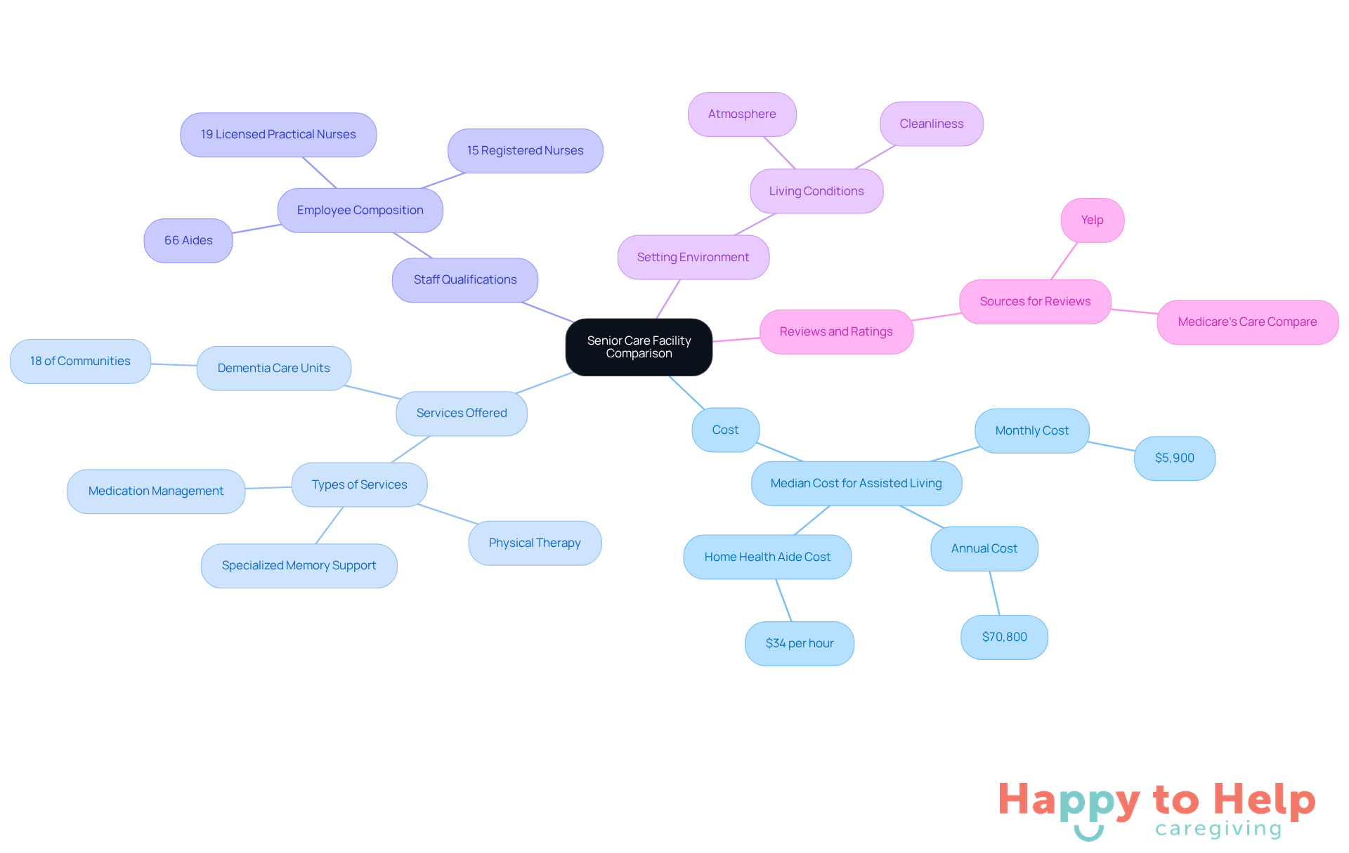 The central node represents the overall comparison of facilities, while each branch highlights a key factor to consider. Sub-branches provide specific details related to each factor, helping families make informed decisions.