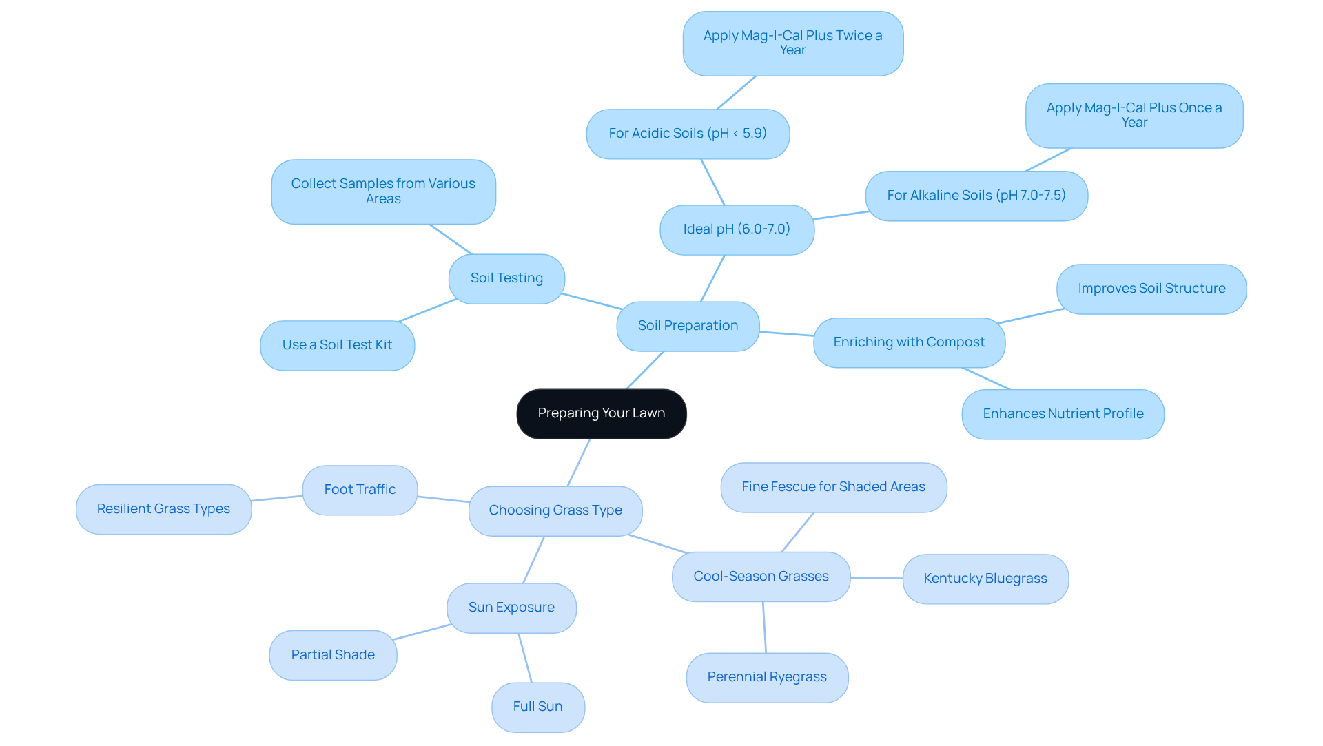 The central node represents the overall goal of preparing your lawn. The branches show the key areas to focus on: how to prepare your soil and what types of grass to choose based on your environment. The central node represents the overall goal of preparing your lawn. The branches show the key areas to focus on: how to prepare your soil and what types of grass to choose based on your environment.