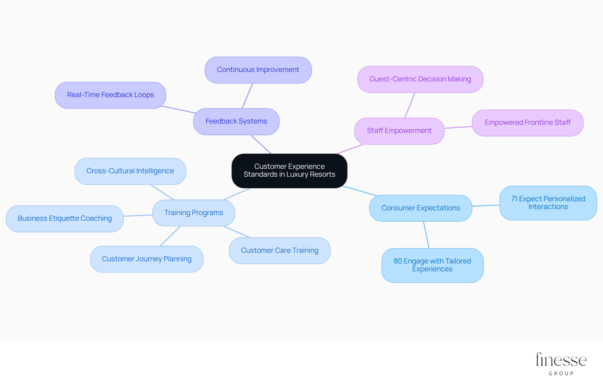 The center represents the main focus on customer experience standards, with branches showing key areas to address. Each sub-branch details specific initiatives or concepts that support the overarching goal.