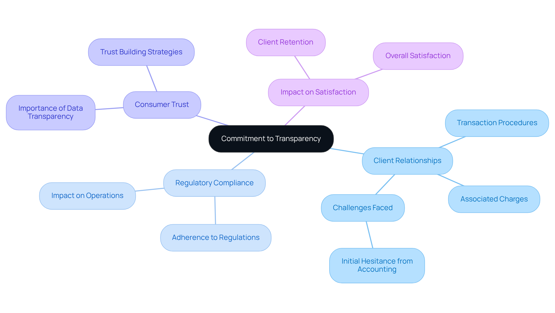 The central node represents the company's focus on transparency, while the branches illustrate how this commitment affects various aspects of its operations and client interactions.