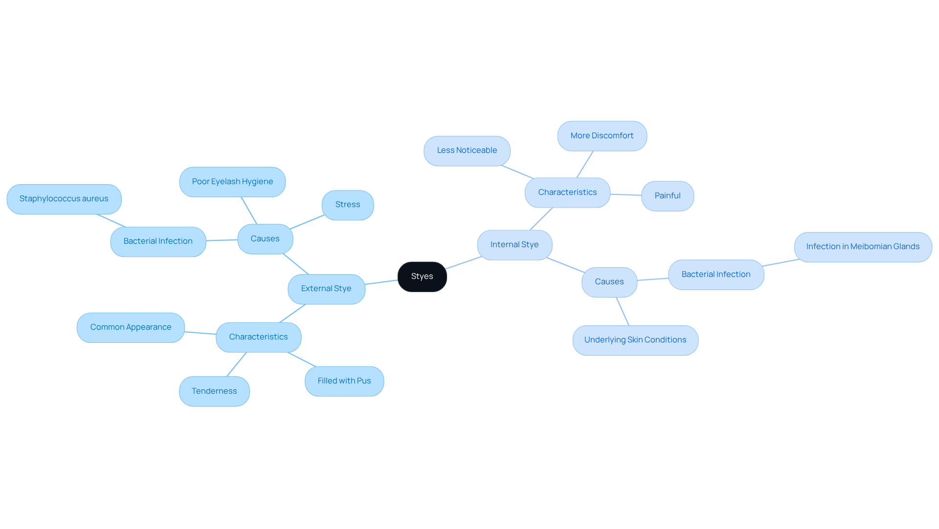The central node represents styes, with branches showing the two types and their specific traits. Each color-coded branch helps you quickly identify the differences and similarities between external and internal styes. The central node represents styes, with branches showing the two types and their specific traits. Each color-coded branch helps you quickly identify the differences and similarities between external and internal styes.