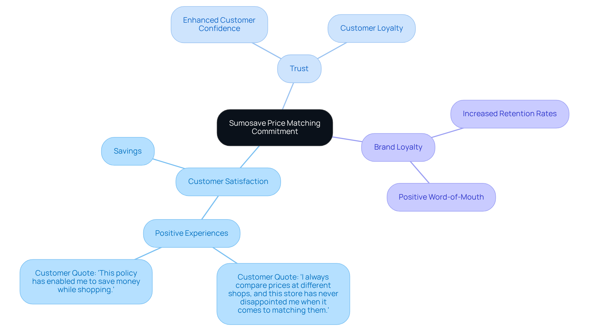 The central node represents the price matching policy, while the branches show how it affects customer satisfaction, trust, and loyalty. Each sub-branch provides specific examples and feedback from customers, illustrating the policy's positive impact.