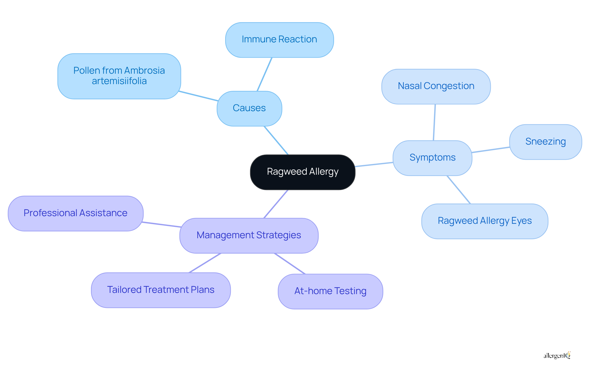 Start at the center with 'Ragweed Allergy', then explore the branches to see what causes it, the symptoms it brings, and how to manage it effectively.