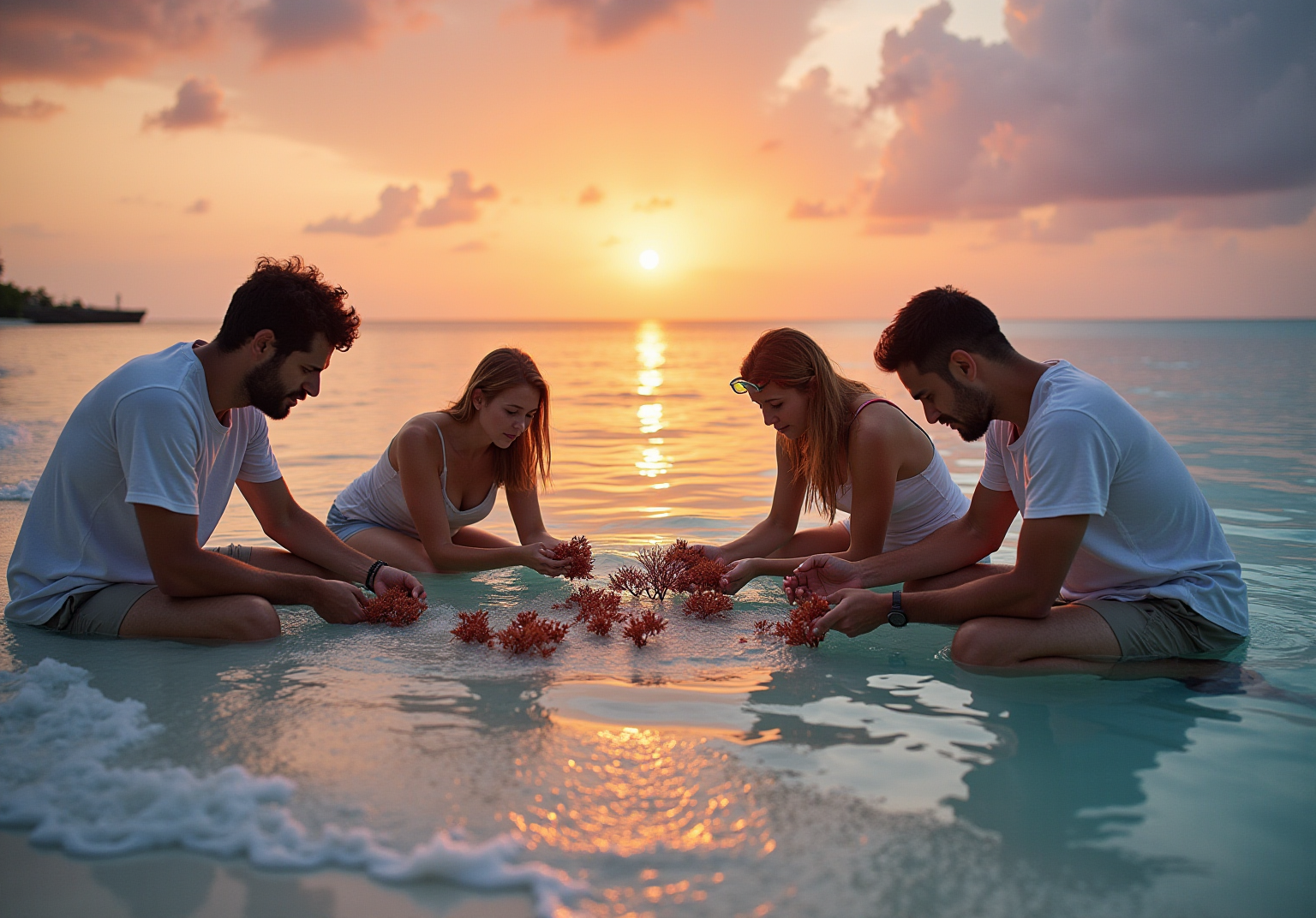 Couples Engaging in Coral Reef Propagation at Sunset
