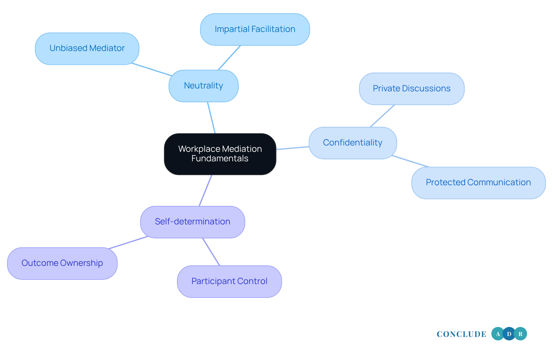 The central node represents workplace mediation, while the branches show the key principles that support it. Each principle is essential for creating a safe and effective mediation process.