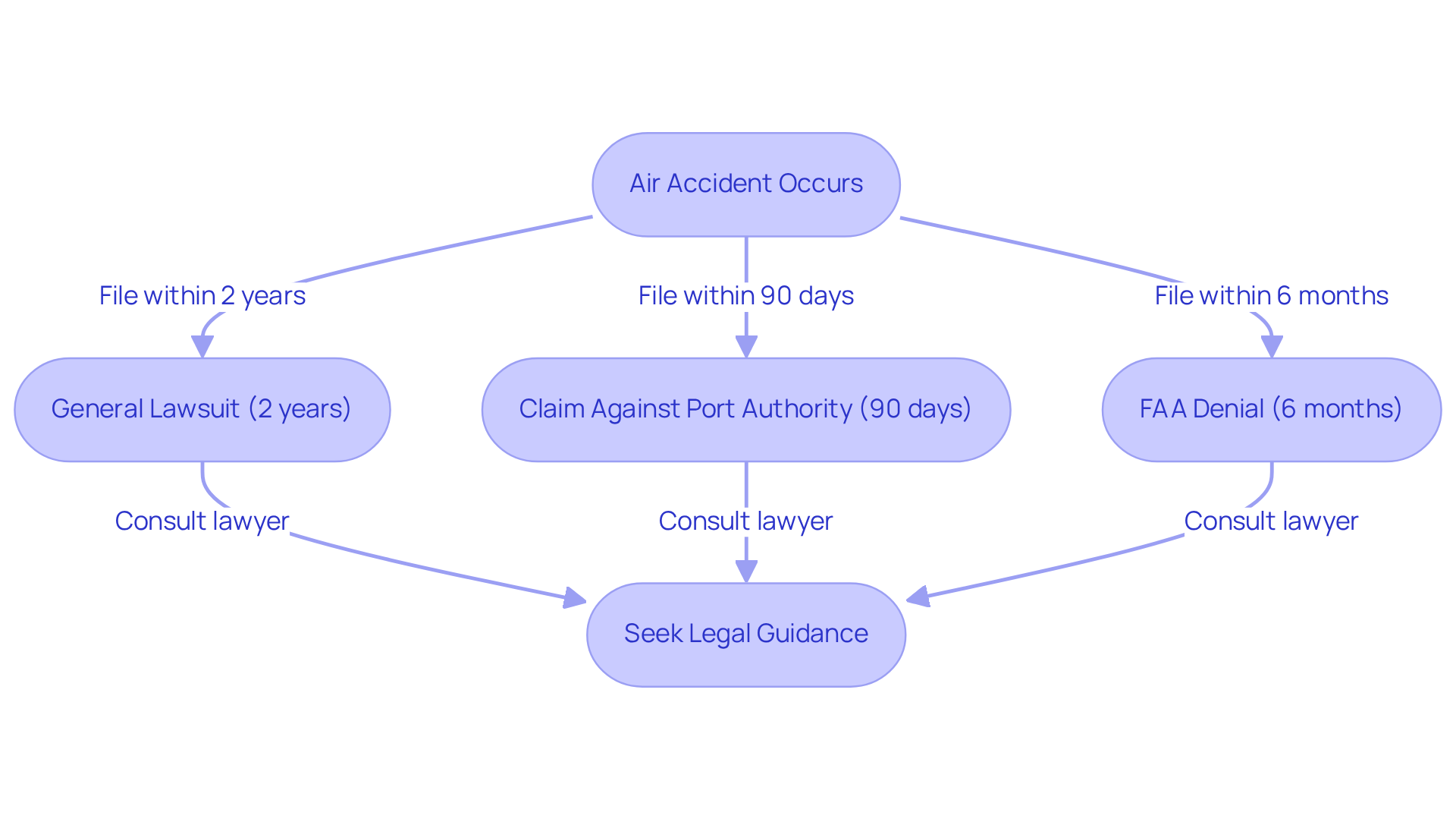 This flowchart shows the steps you need to take after an air accident. Follow the arrows to see the different time limits for filing lawsuits based on your situation. Each branch represents a specific timeline you must adhere to.