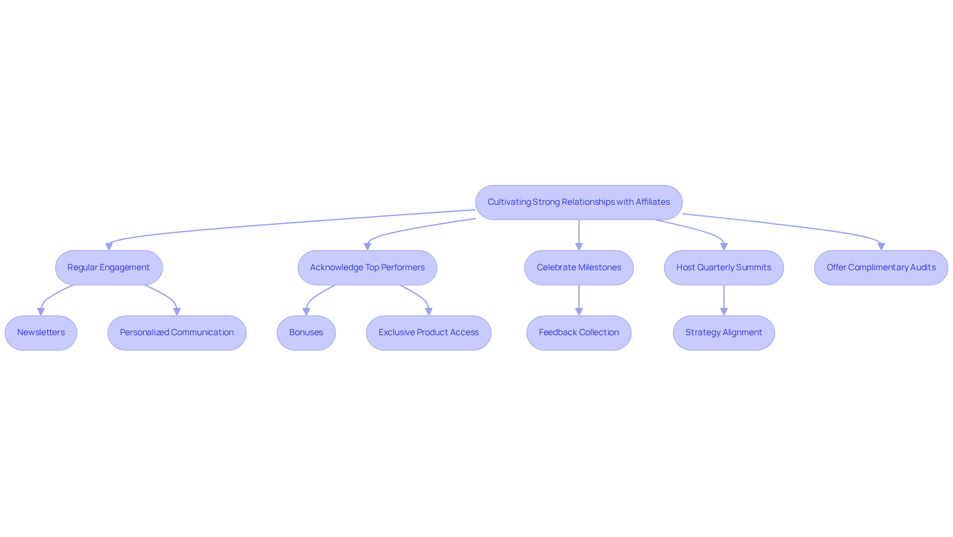 This flowchart outlines the key actions to build strong relationships with affiliates. Each box represents a step in the process, and the arrows show how these steps connect. Follow the flow to see how engaging with partners leads to better collaboration and success.