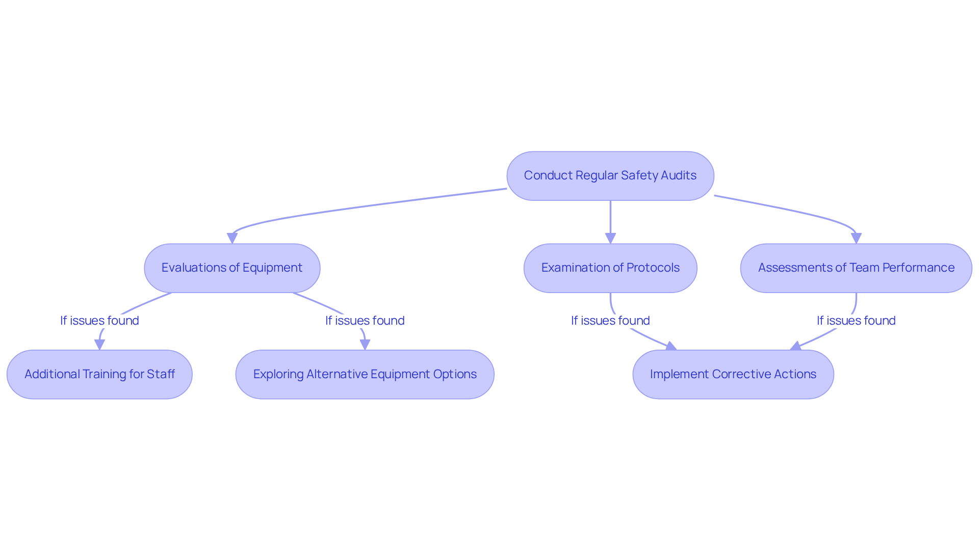 This flowchart outlines the steps for conducting safety audits. Start with the main audit process, then follow the arrows to see the specific evaluations and corrective actions that can be taken to improve safety.