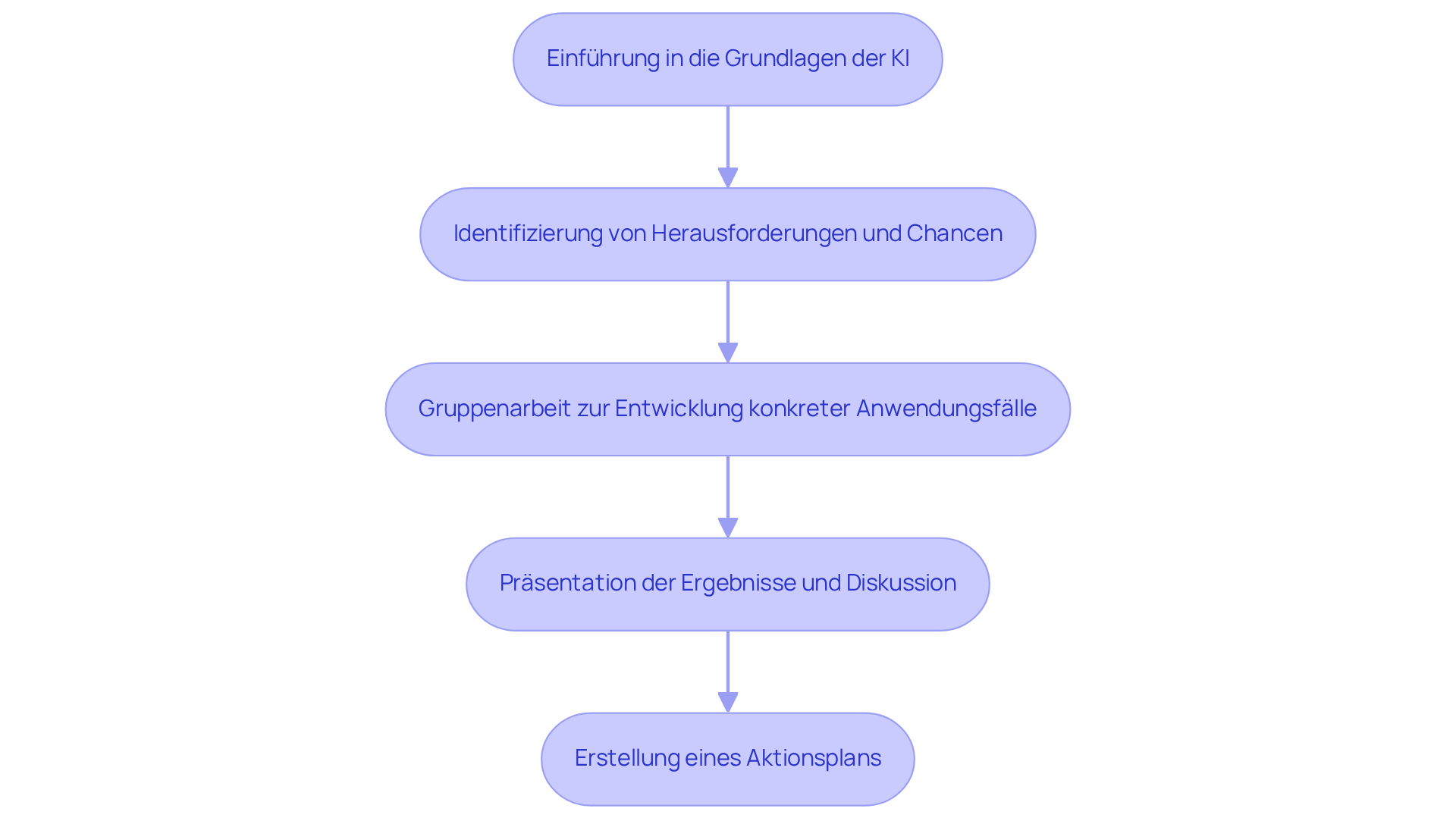 Jedes Kästchen stellt einen Schritt im Workshop dar. Die Pfeile zeigen, wie die Schritte aufeinander folgen und in welcher Reihenfolge sie durchgeführt werden.