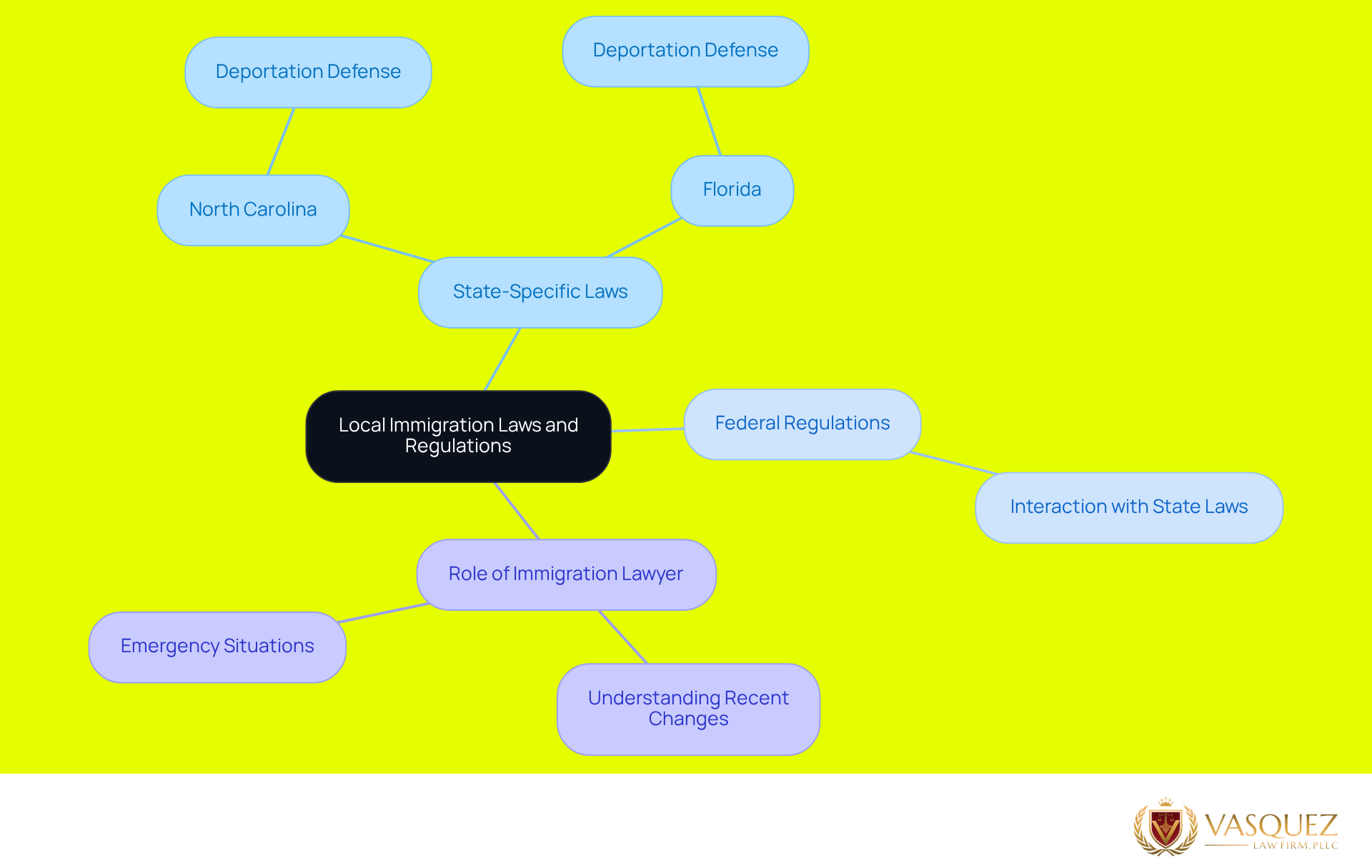 The central node represents the main topic of immigration laws. Each branch shows different aspects: state laws, federal regulations, and the importance of having a knowledgeable lawyer. Follow the branches to see how these elements connect and support your understanding of immigration issues.
