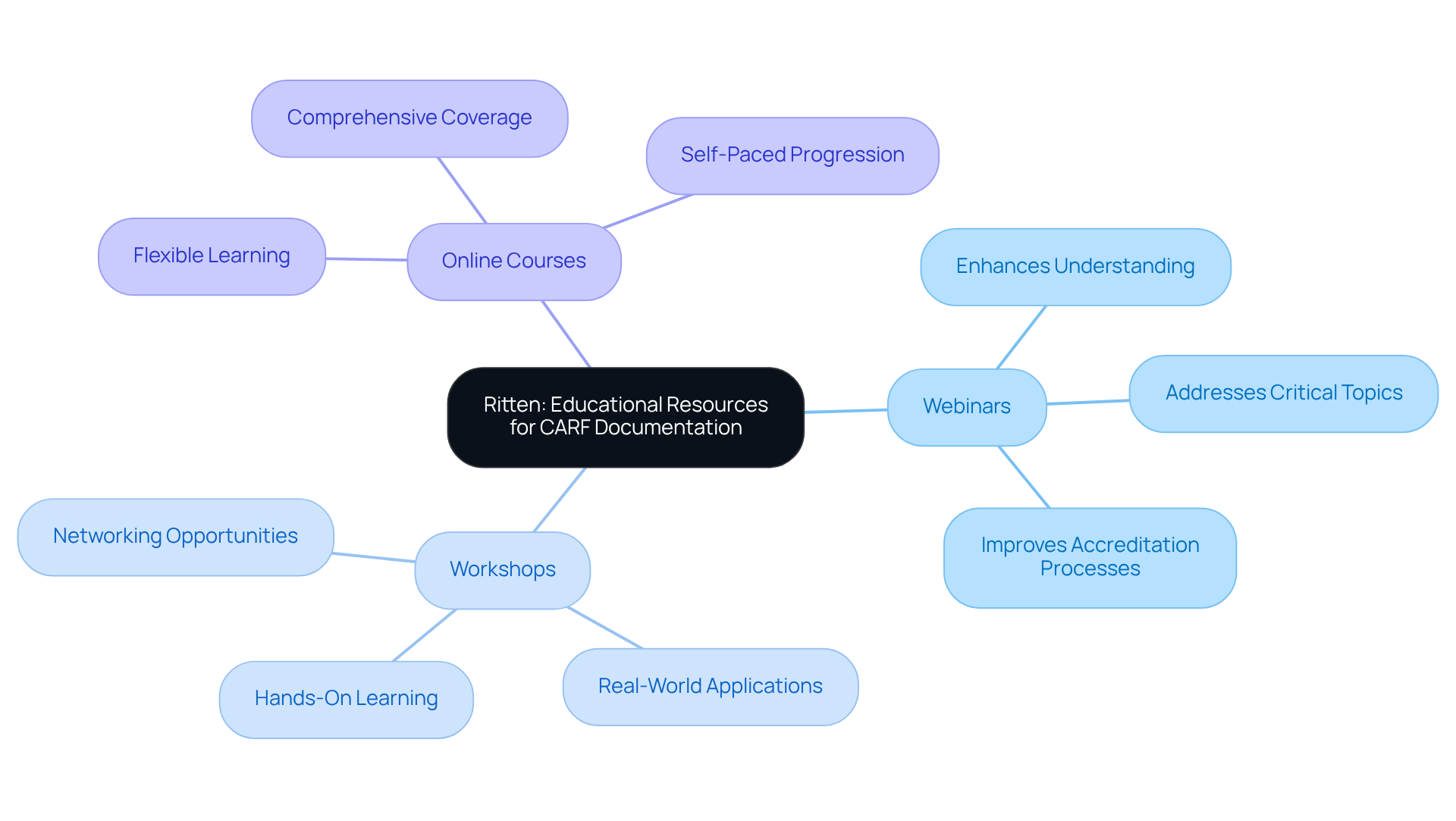 Start at the center with Ritten's educational resources, then explore the branches to see the different types of offerings and their benefits for CARF documentation.