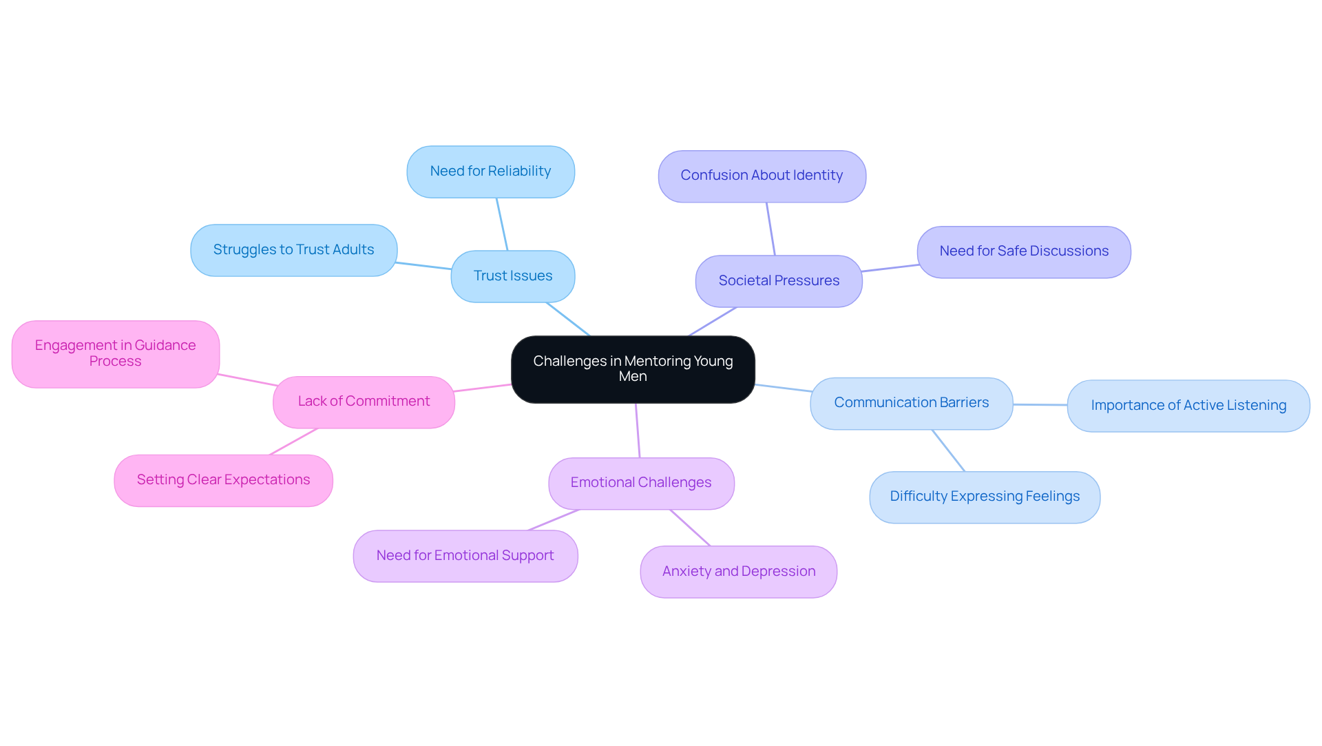 Each branch represents a challenge that young men might face in mentoring relationships. The goal is to see how these challenges are interconnected and what they mean for the mentoring process. Each branch represents a challenge that young men might face in mentoring relationships. The goal is to see how these challenges are interconnected and what they mean for the mentoring process.