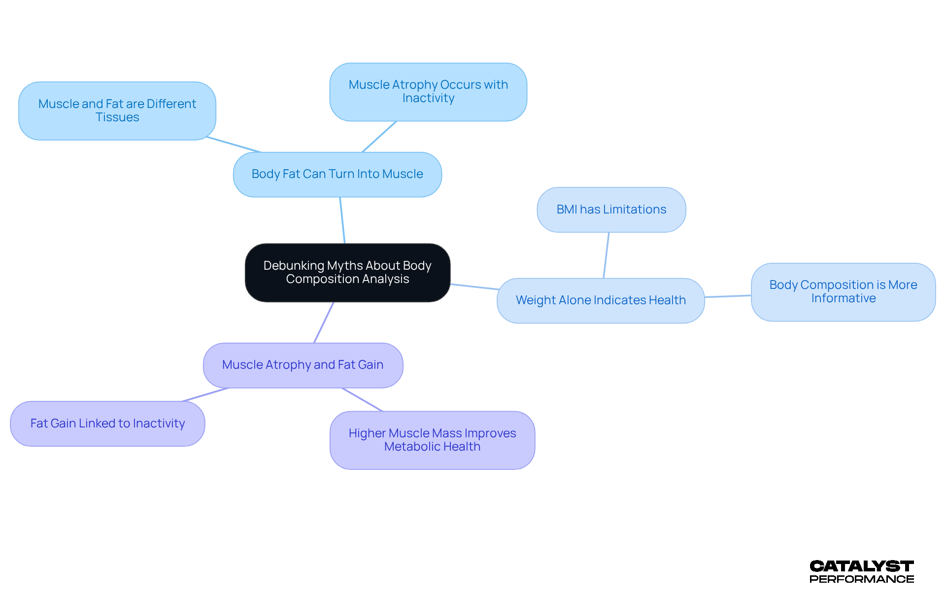 The central idea is about debunking myths related to body composition. Each branch represents a common misconception, and the sub-branches provide the factual truths that counter these myths. This visual helps you see how these ideas connect and why understanding them is important for your health journey.