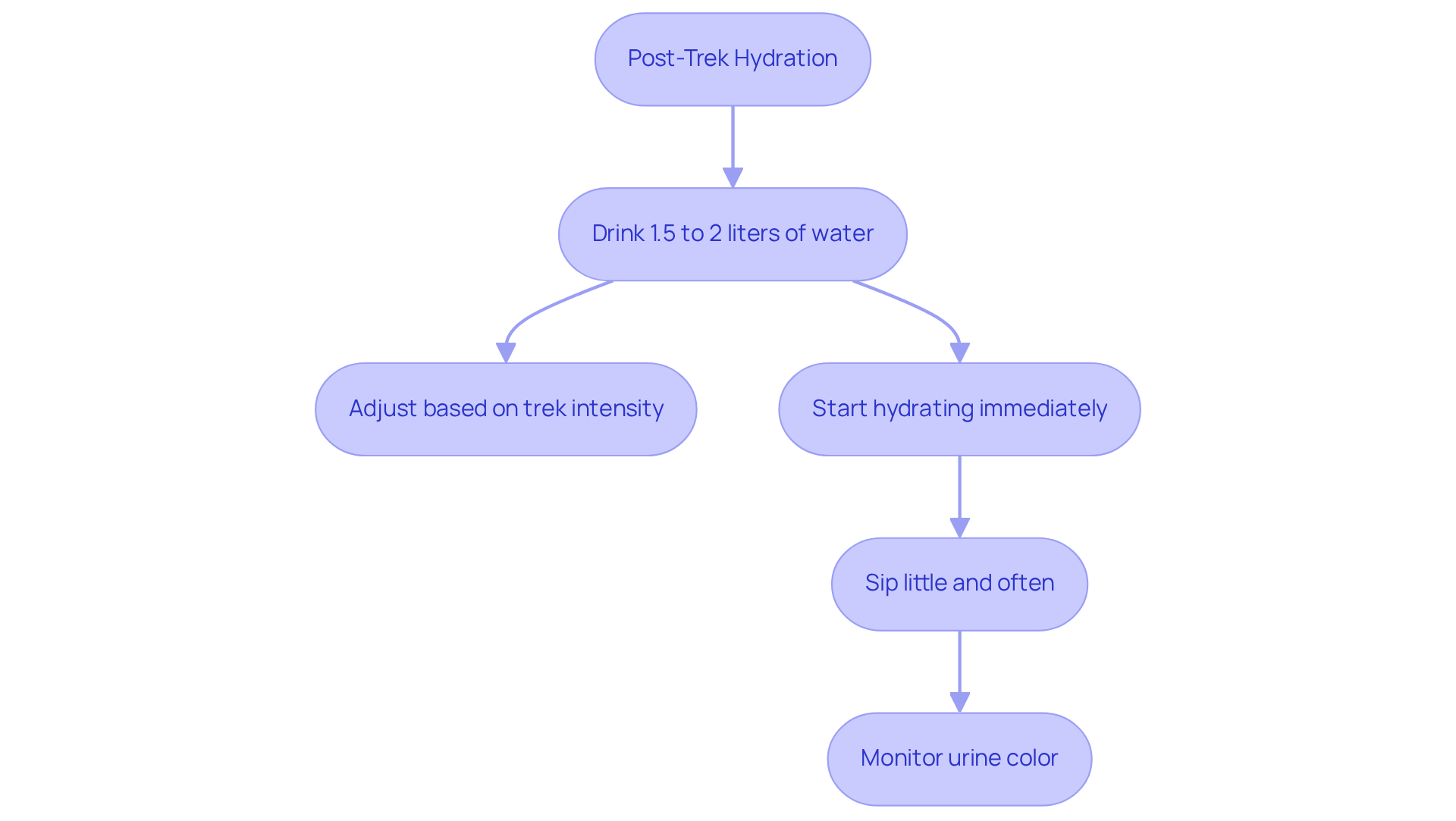 Follow the arrows to see how to hydrate effectively after your trek. Each step guides you on how much to drink, when to start, and how to monitor your hydration status.