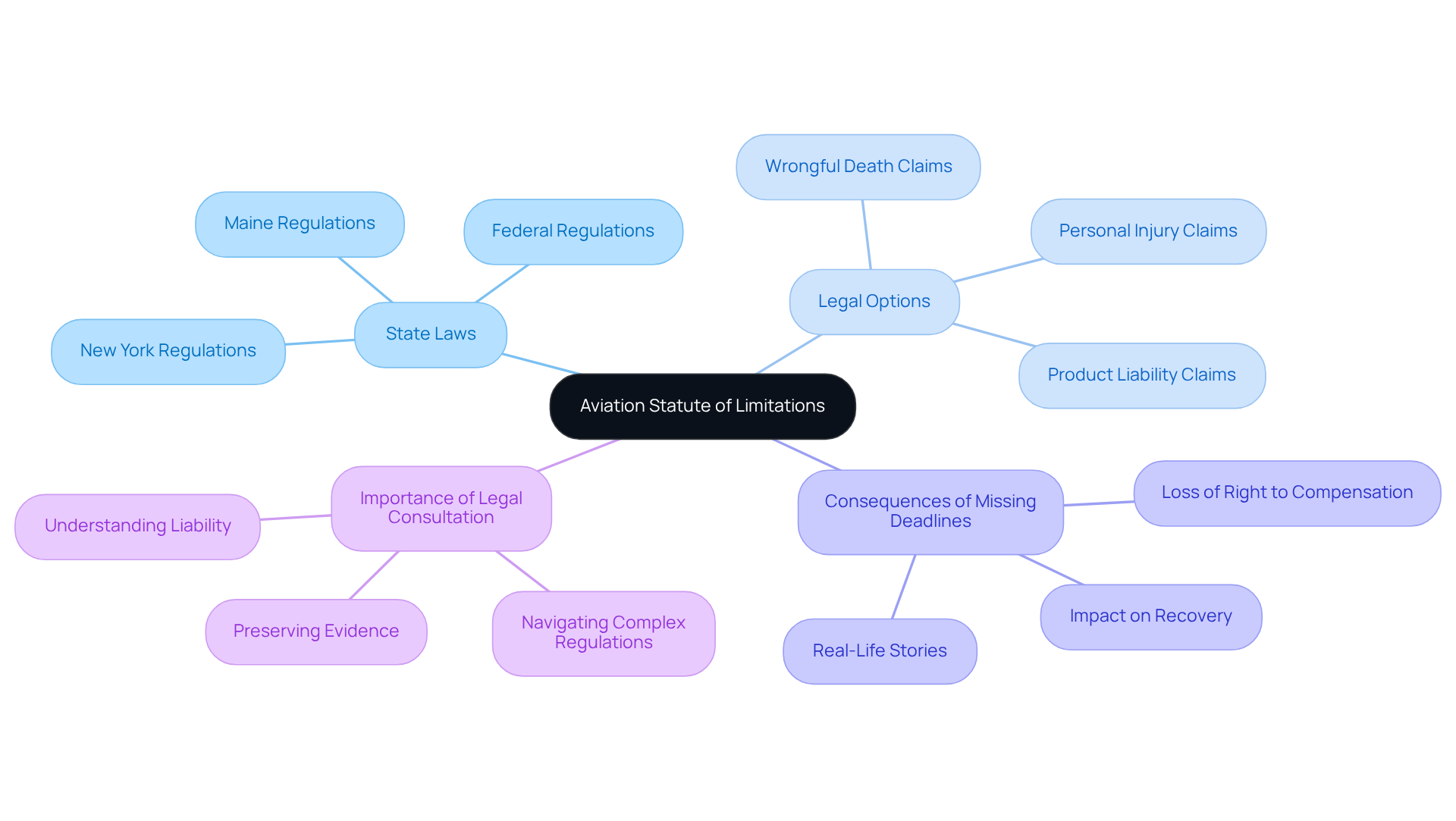 The central node represents the main topic, while the branches show related areas of concern. Each branch helps you explore different aspects of aviation laws and the importance of timely legal action.