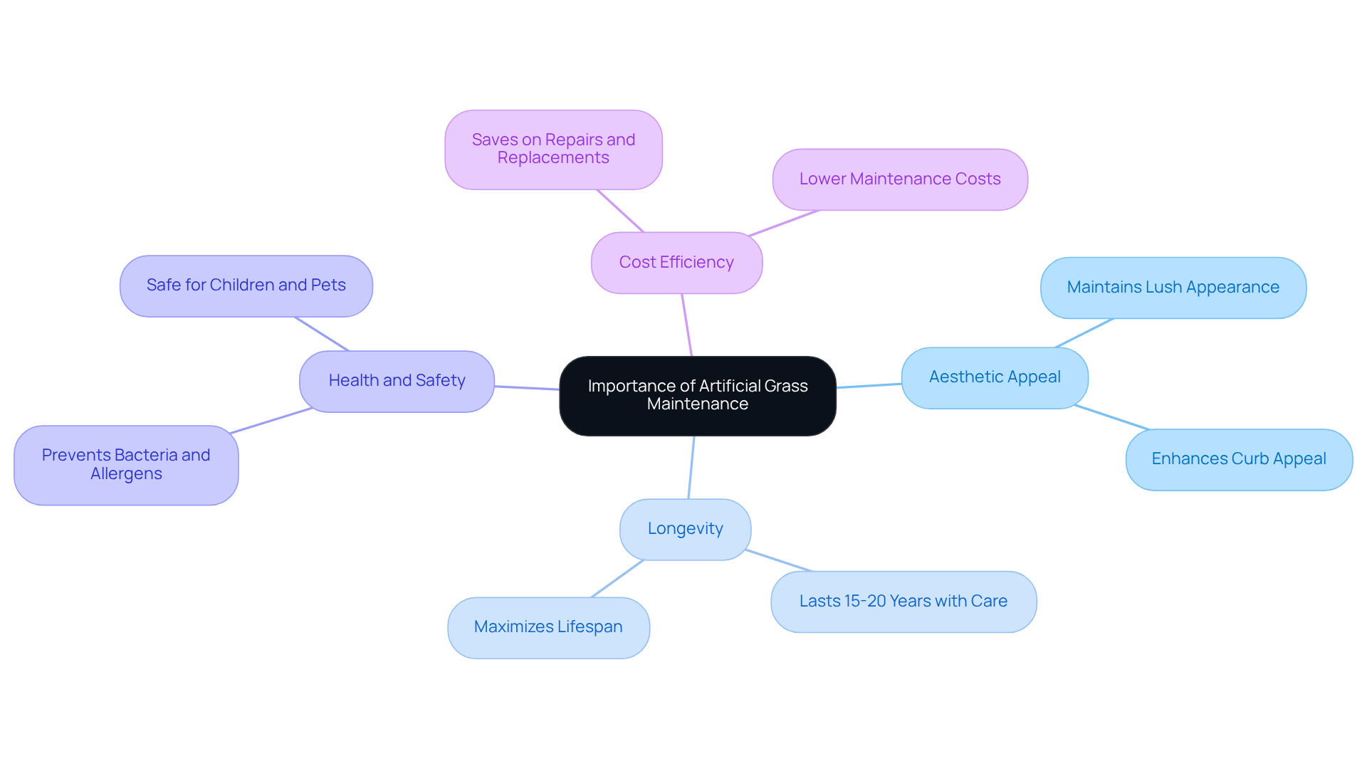 The center shows why maintenance is important, and each branch highlights a specific benefit. Follow the branches to see how each benefit contributes to the overall value of maintaining your artificial grass.