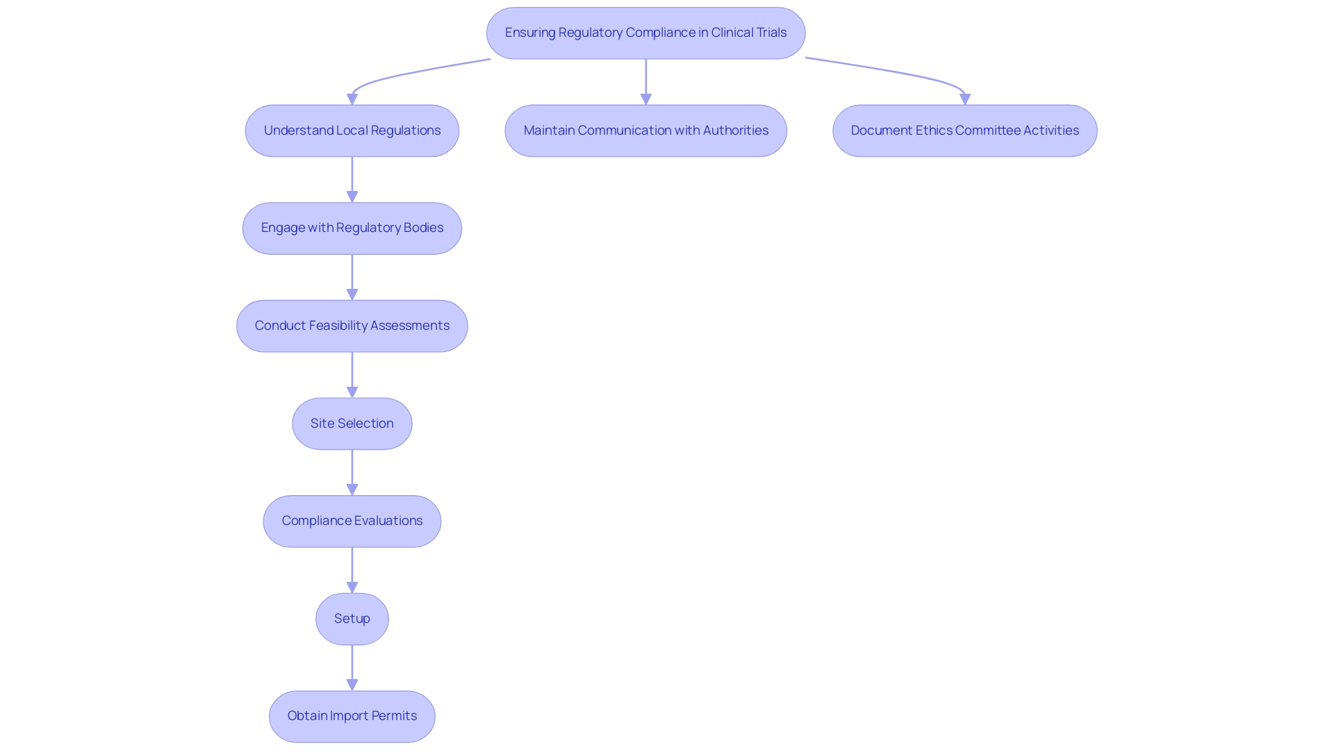 Each box represents a step in the compliance process, with colors indicating different stages of the workflow (planning, evaluation, execution).