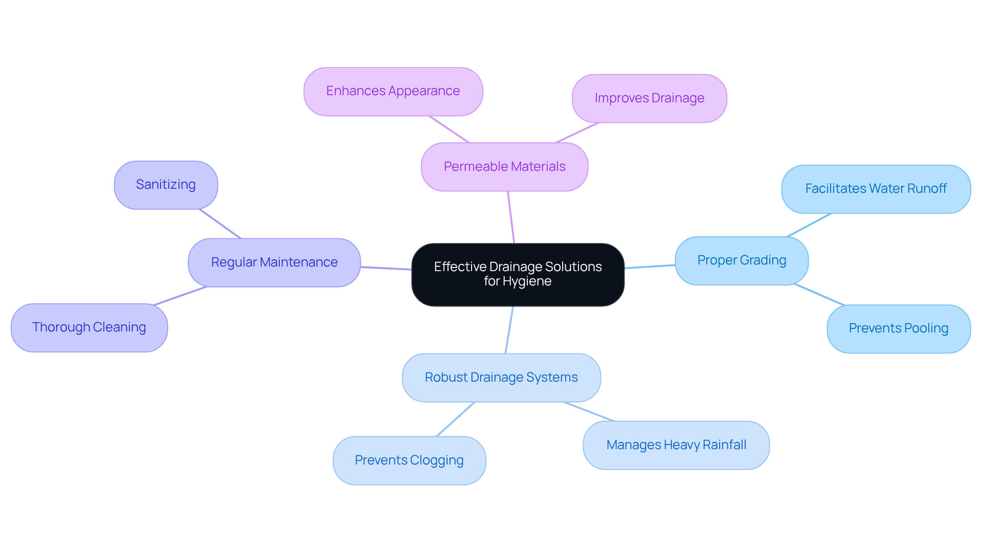 The central idea is about drainage solutions, and each branch shows a different aspect that contributes to hygiene. Follow the branches to explore how grading, systems, maintenance, and materials work together to keep dog run areas clean and safe. The central idea is about drainage solutions, and each branch shows a different aspect that contributes to hygiene. Follow the branches to explore how grading, systems, maintenance, and materials work together to keep dog run areas clean and safe.