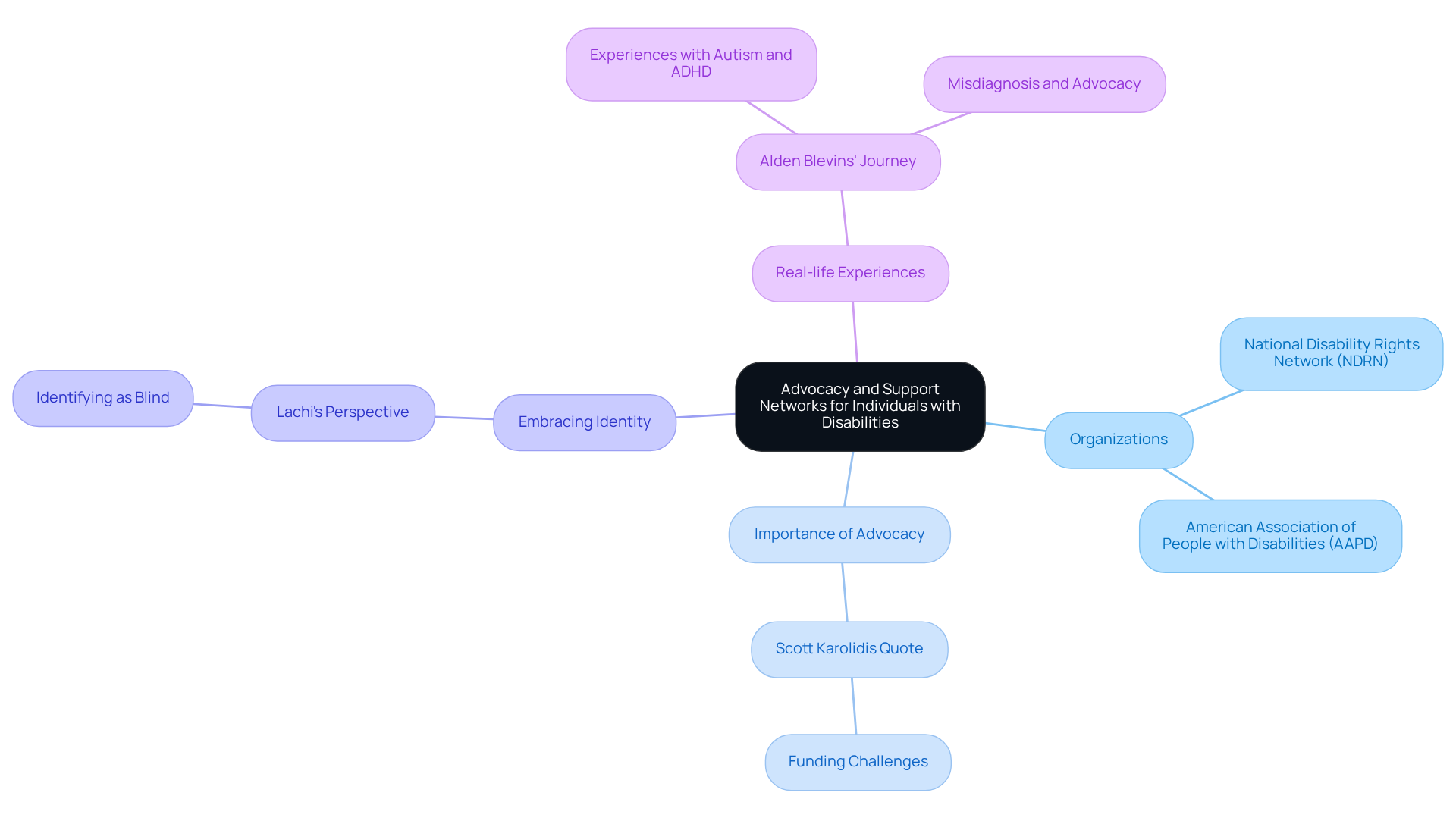 The center represents the main theme, while the branches show different aspects of advocacy and support. Each branch connects to specific organizations, quotes, and personal stories, illustrating how these networks help individuals with disabilities. The center represents the main theme, while the branches show different aspects of advocacy and support. Each branch connects to specific organizations, quotes, and personal stories, illustrating how these networks help individuals with disabilities.