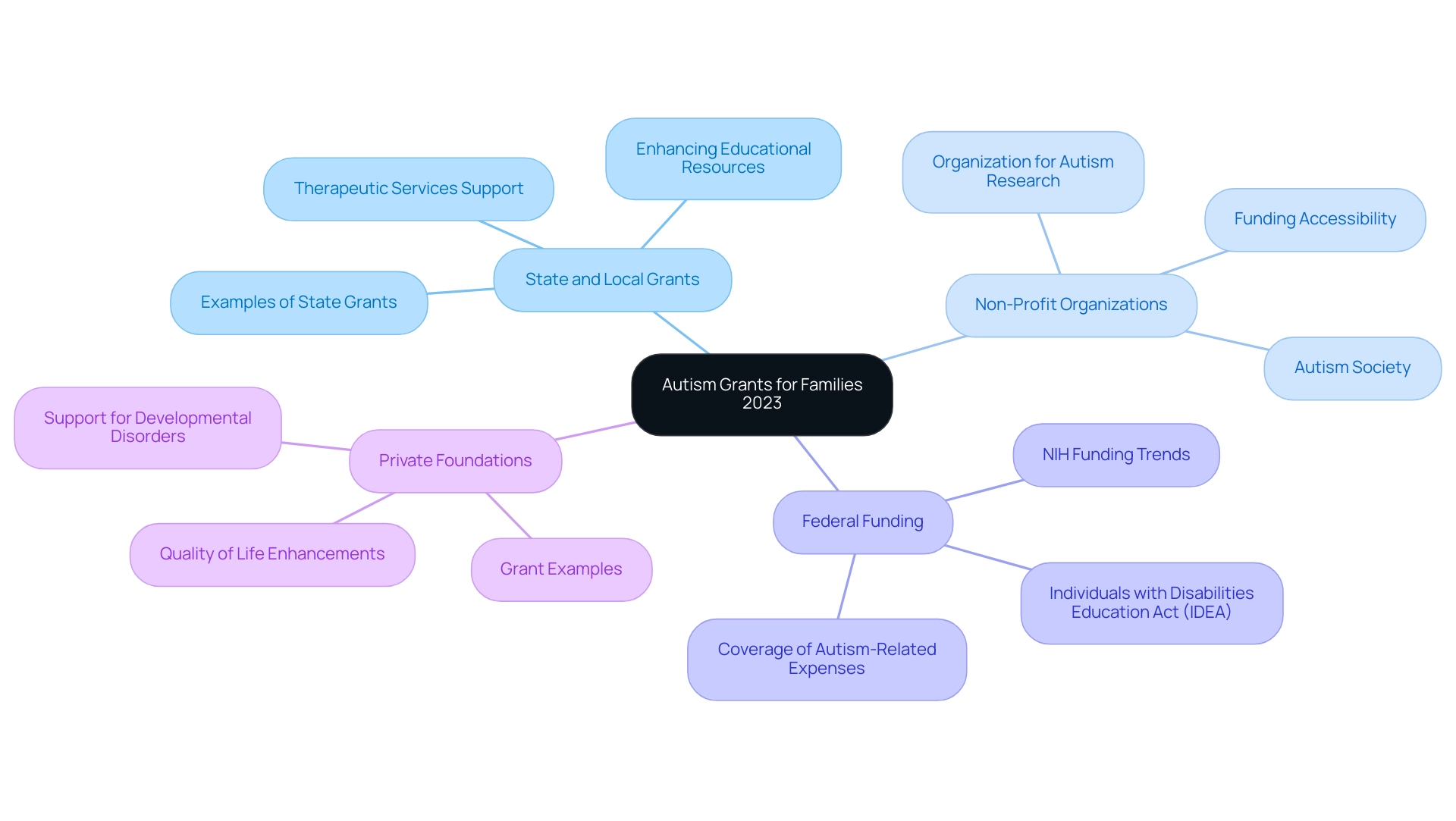 The central node represents autism grants, with branches indicating different categories of funding sources. Each category is color-coded for easy identification.