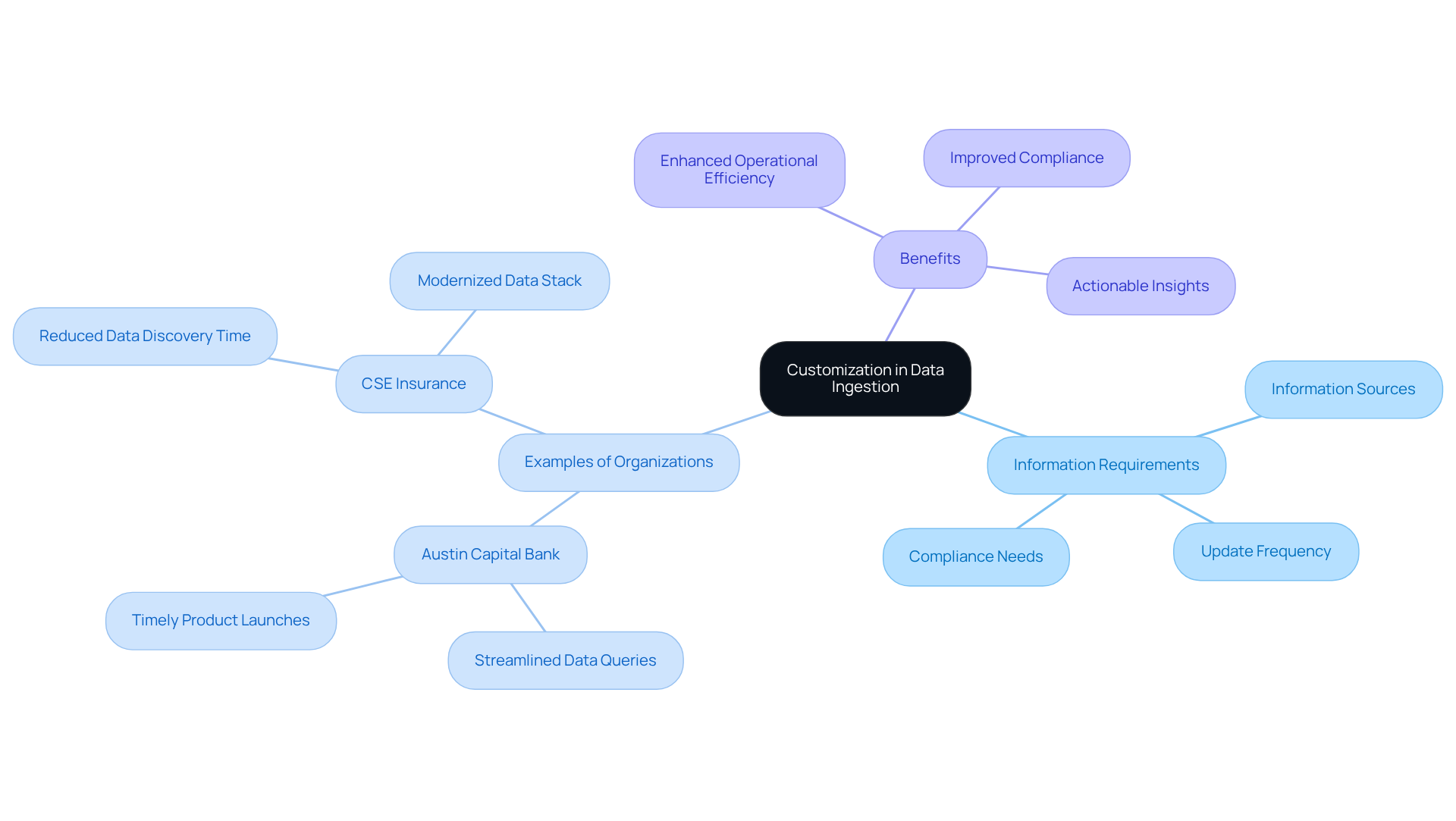 The central node represents the main theme of customization, while the branches show specific requirements, real-world examples, and the benefits of tailored data ingestion processes.