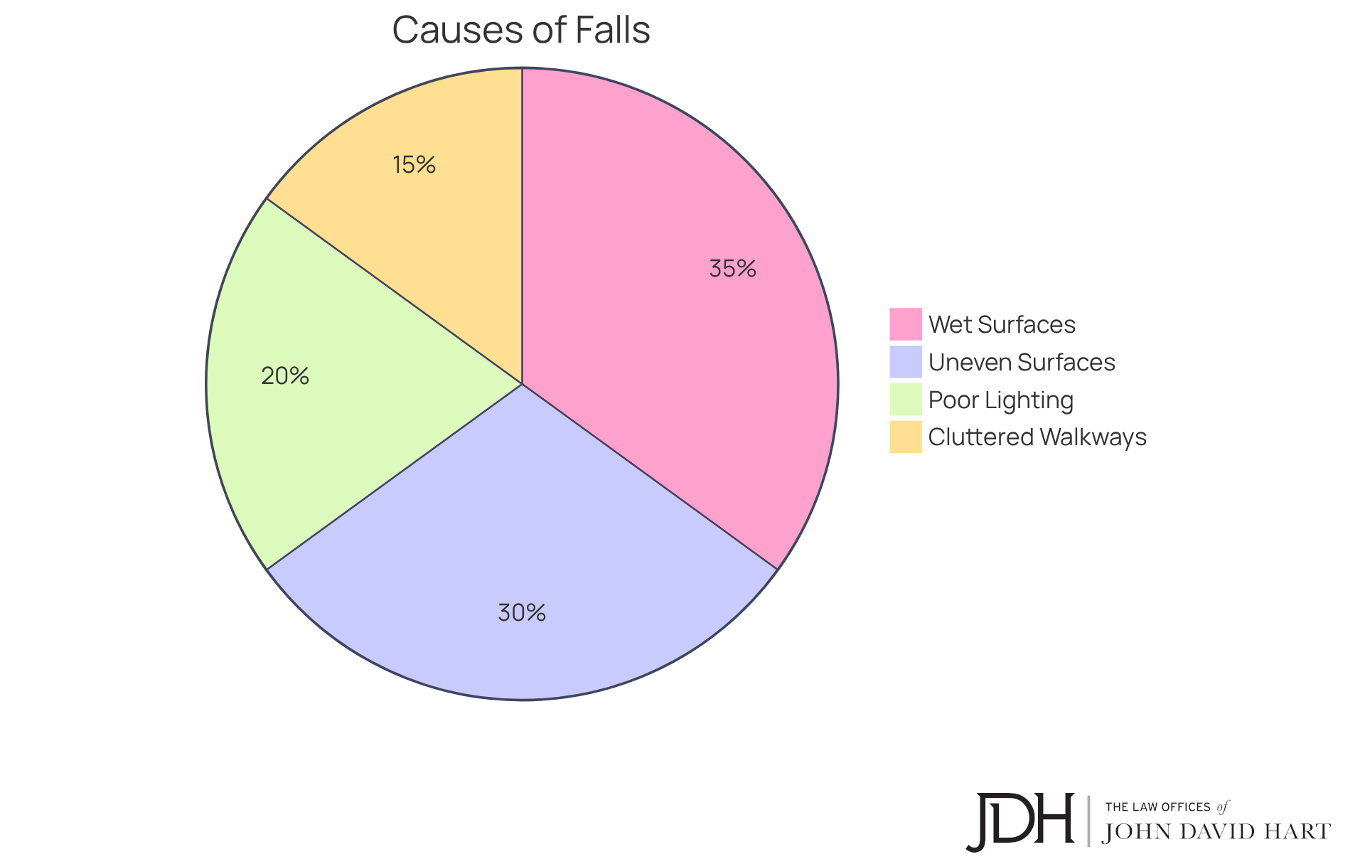 Each slice of the pie shows a different cause of slip and fall accidents. The size of each slice indicates how significant that factor is in causing these incidents - larger slices mean more people are affected by that issue.