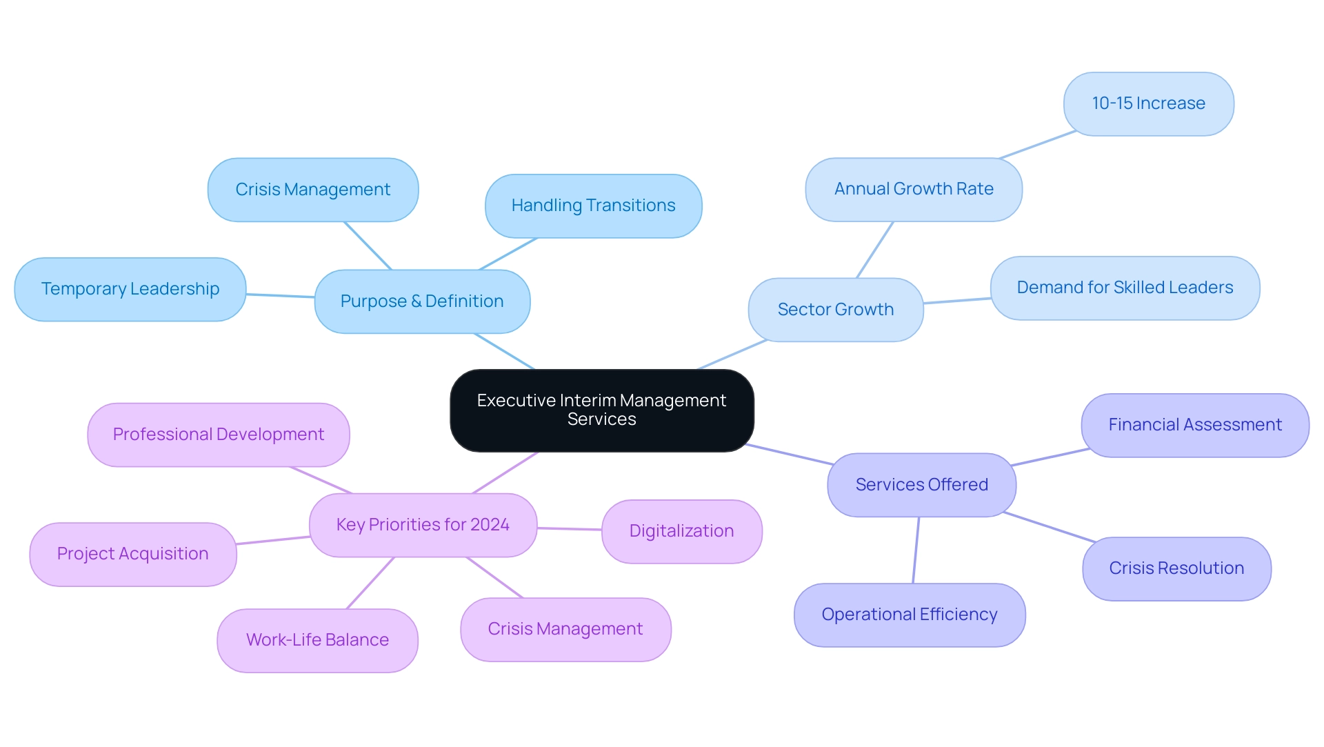 The central node represents the overarching concept with branches illustrating the purpose, growth, services, and priorities related to interim management.