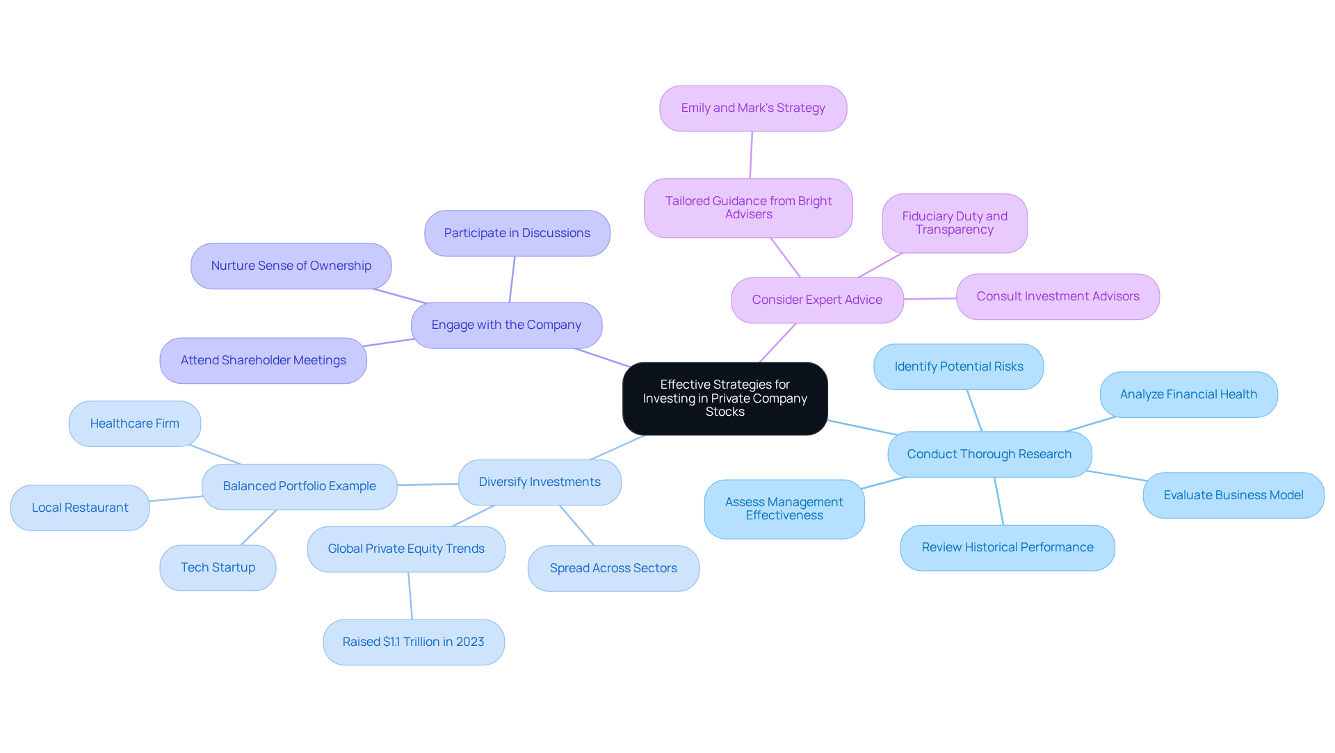 This mindmap illustrates the key strategies for investing in private company stocks. Each branch represents a different strategy, and the sub-branches provide additional details or examples. Follow the branches to understand how each strategy contributes to successful investing.