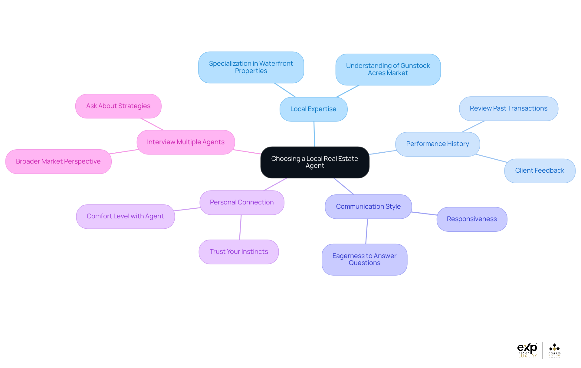 The center represents the main goal of finding the right agent, while the branches show the important factors to consider. Each branch can be explored for more details, helping you understand what to look for in an agent.
