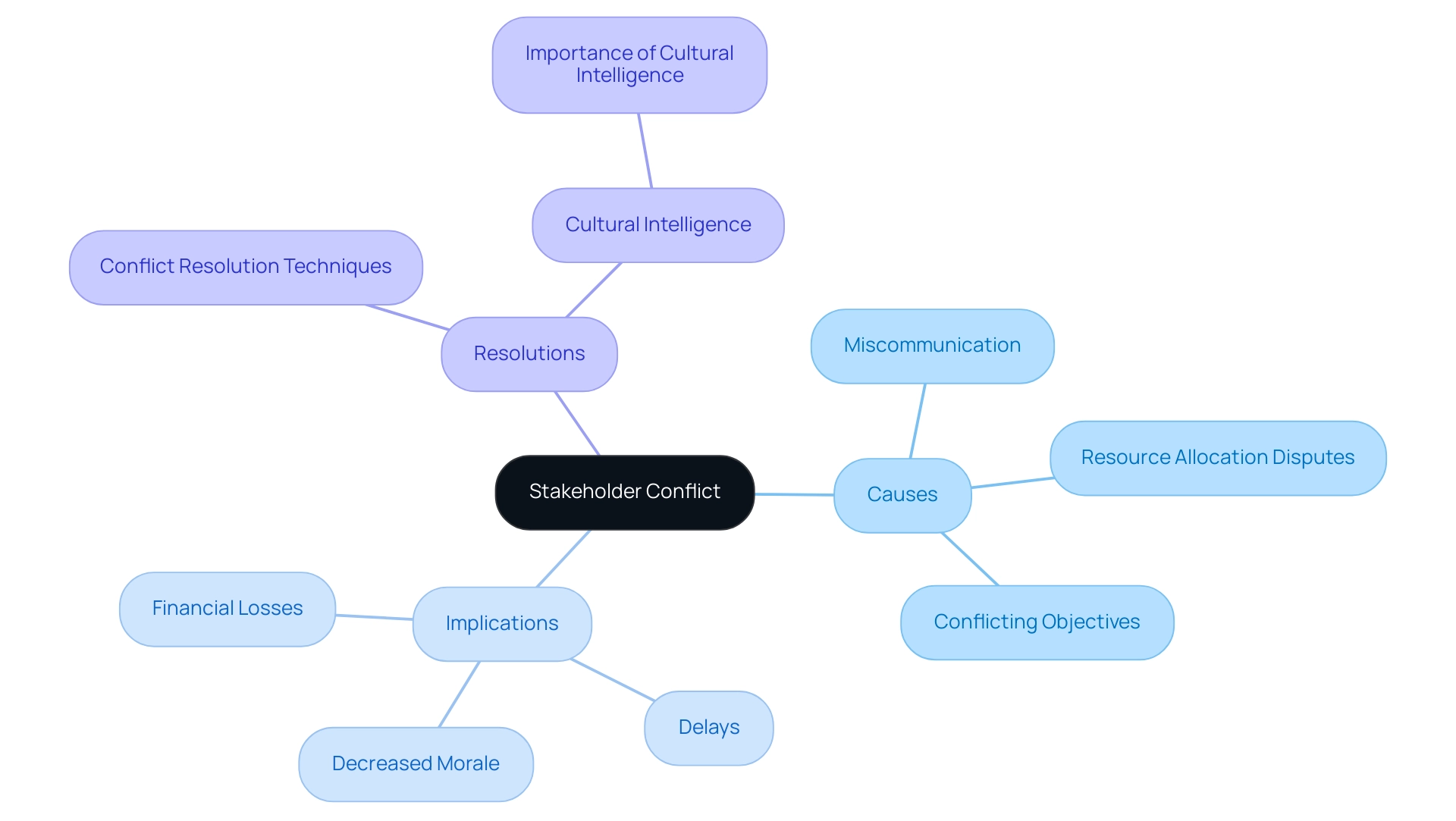 The central node represents stakeholder conflict, with branches indicating causes, implications, and resolutions. Different colors denote each category for clarity.