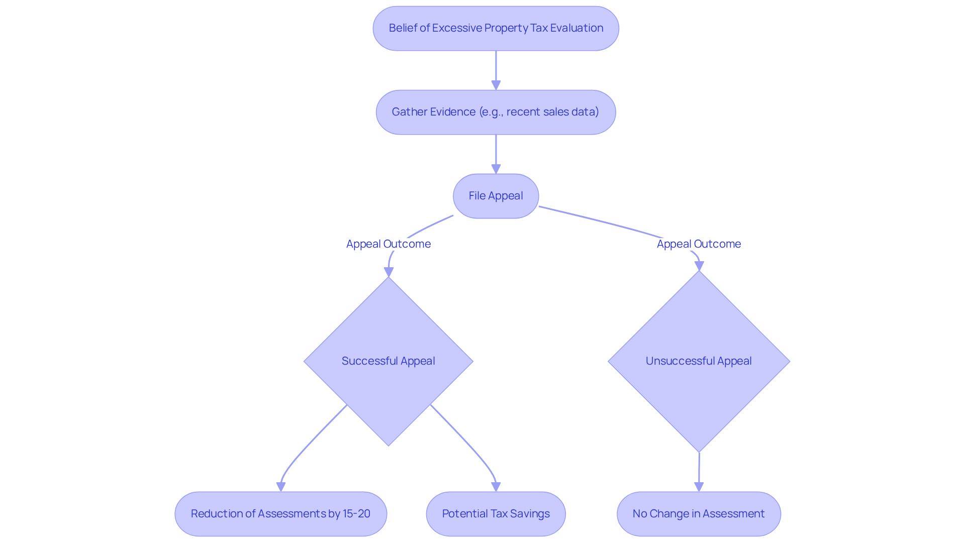 Follow the flow from your belief in an excessive tax evaluation through the steps of gathering evidence and filing an appeal. The results will show the potential outcomes and savings you can achieve.