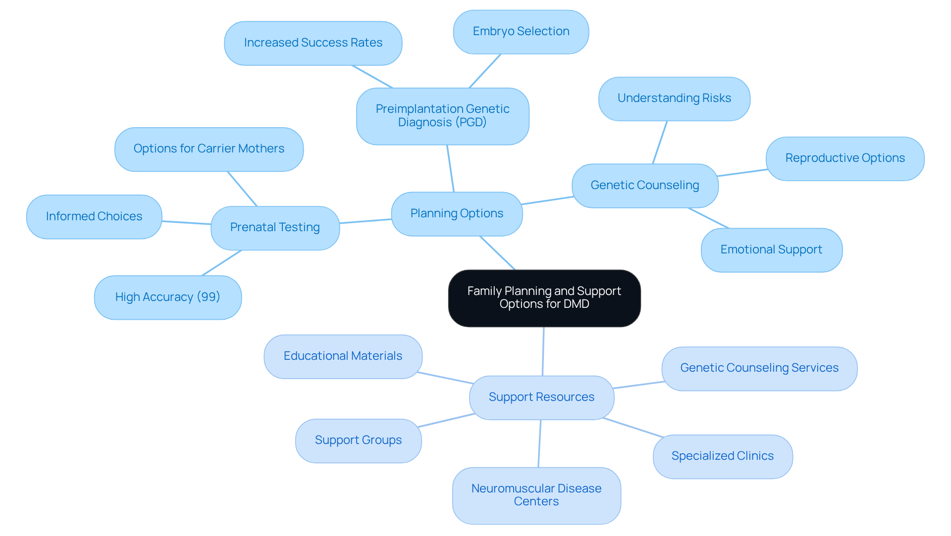 This mindmap starts with the main topic in the center and branches out to show different planning options and support resources. Each branch represents a key area, helping families understand their choices and the support available to them.