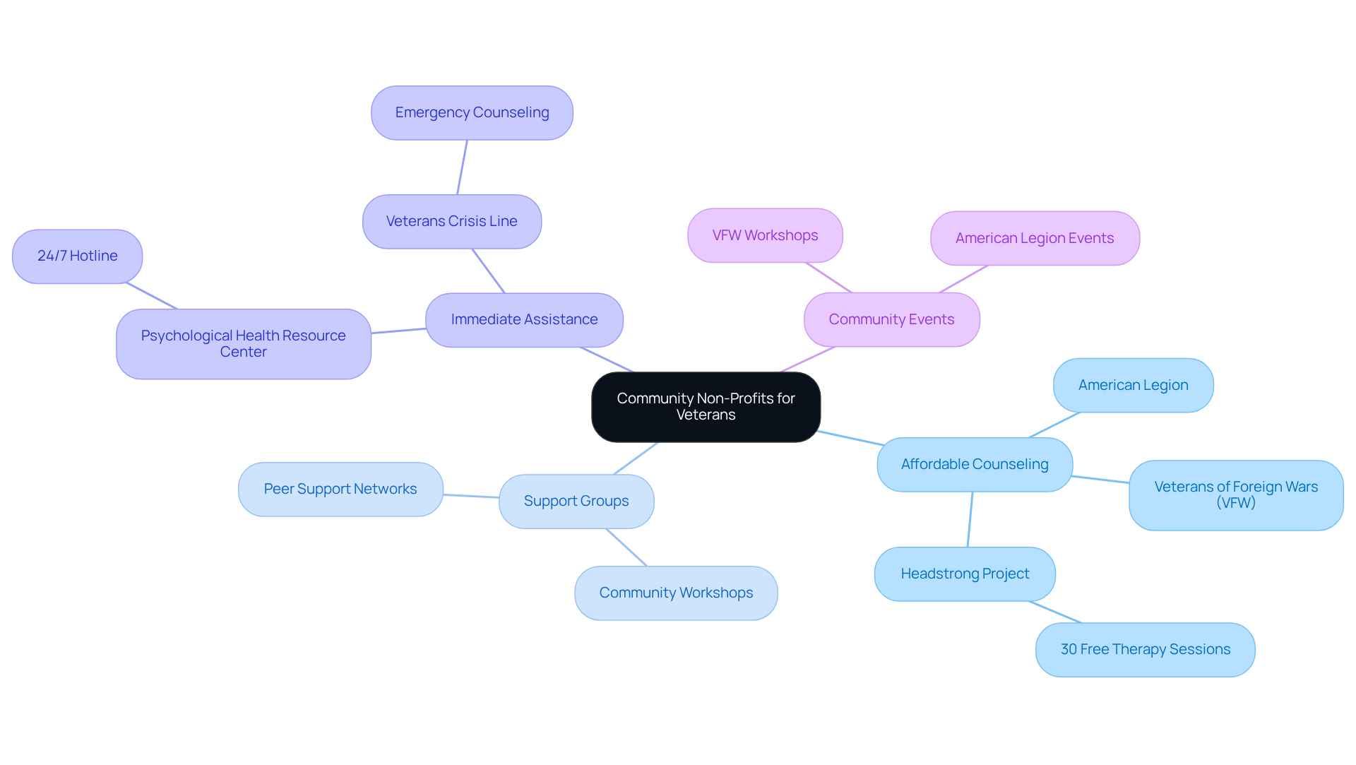 The center represents community non-profits, and the branches show different types of support available for veterans. Each color-coded branch leads to specific organizations or resources, helping you understand where to find help. The center represents community non-profits, and the branches show different types of support available for veterans. Each color-coded branch leads to specific organizations or resources, helping you understand where to find help.