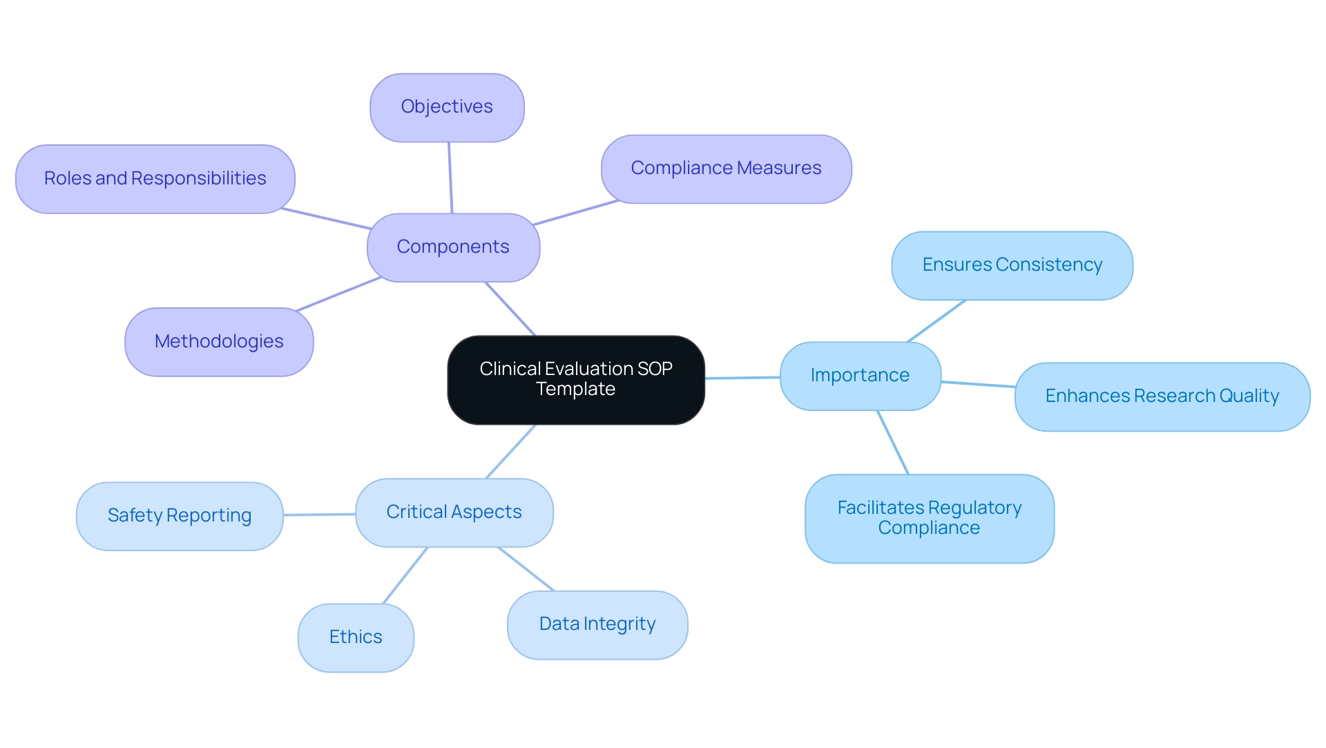 The central node represents the SOP template, with branches illustrating its importance, critical aspects, and detailed components.