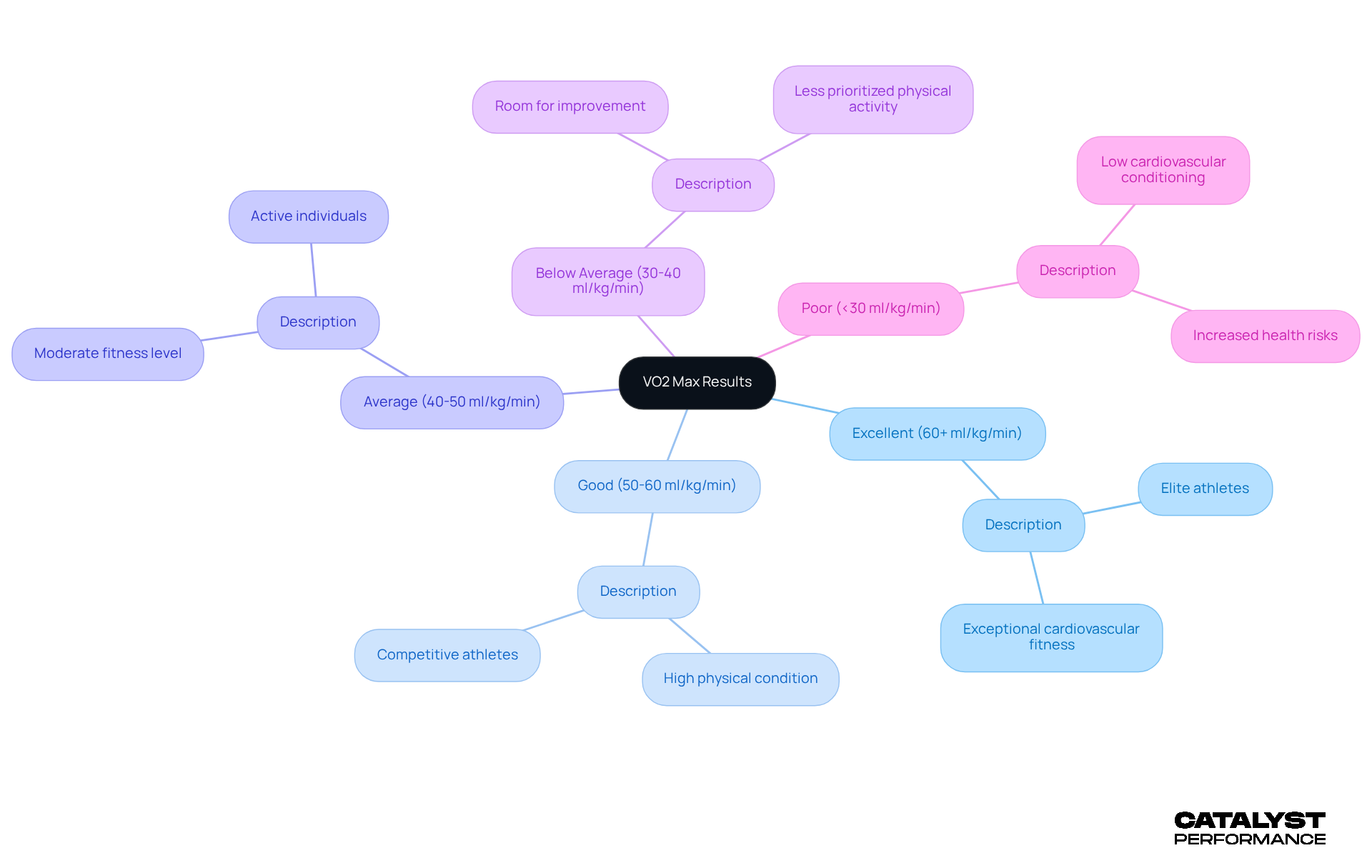 The central node represents the overall concept of VO2 Max results, while each branch shows different fitness categories. The descriptions help you understand what each range means for your health and fitness journey.