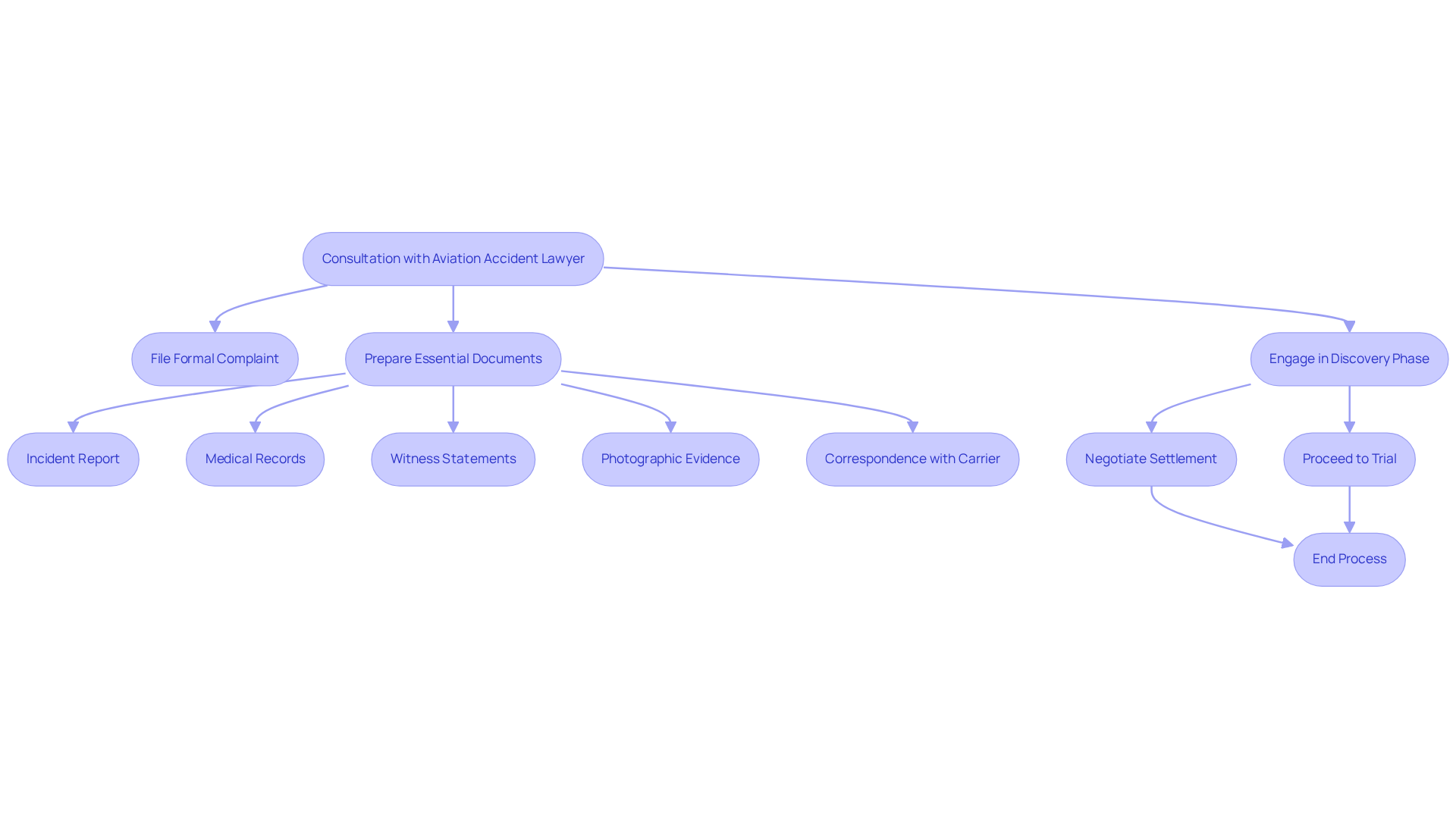 This flowchart outlines the steps you need to take when filing a claim for airline negligence. Start at the top with your consultation, and follow the arrows to see what comes next. Each box represents a step in the process, and the sub-steps provide more detail on what you need to do at each stage.