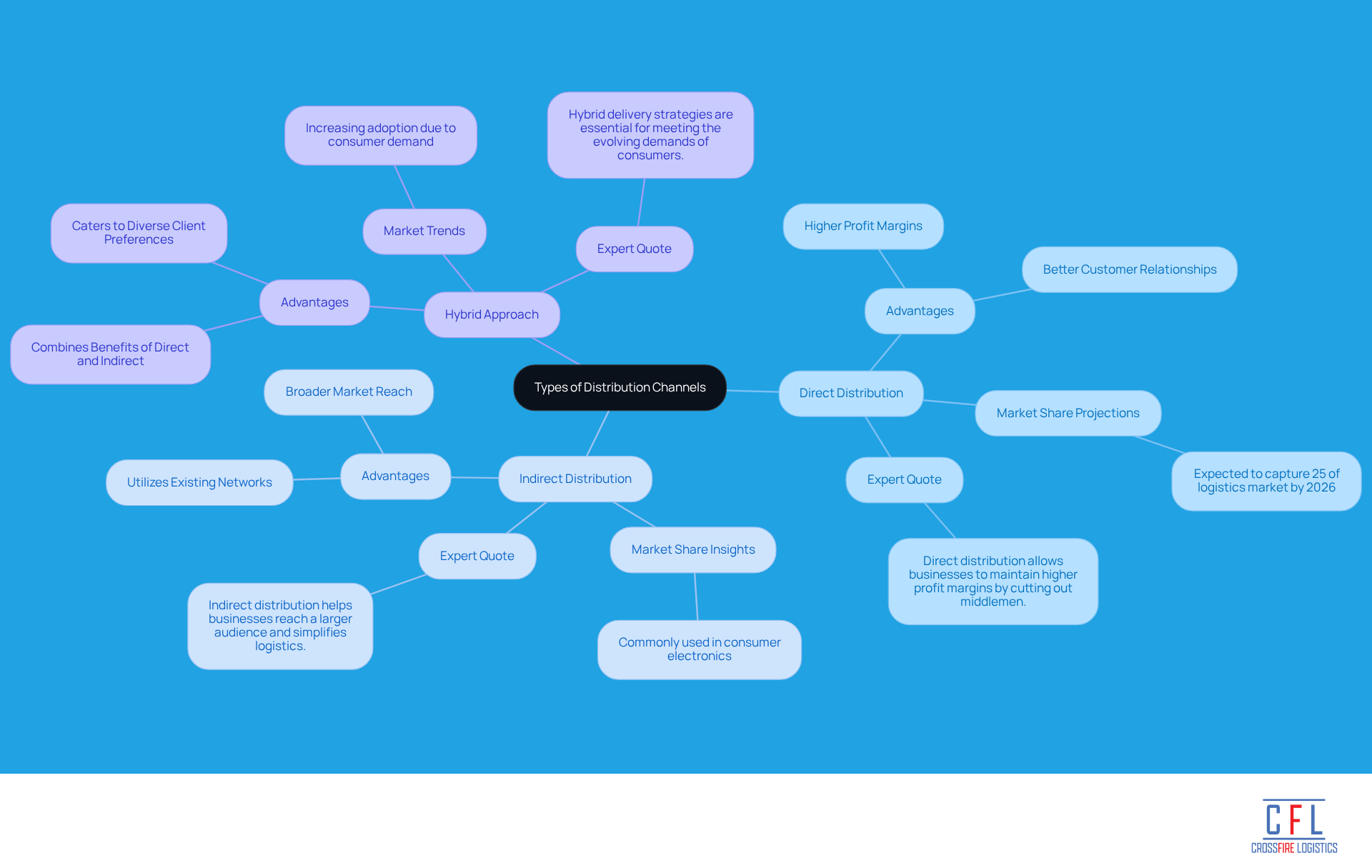 The central node represents the main topic, while the branches show different types of distribution channels. Each branch contains key points that explain the characteristics and benefits of that channel.