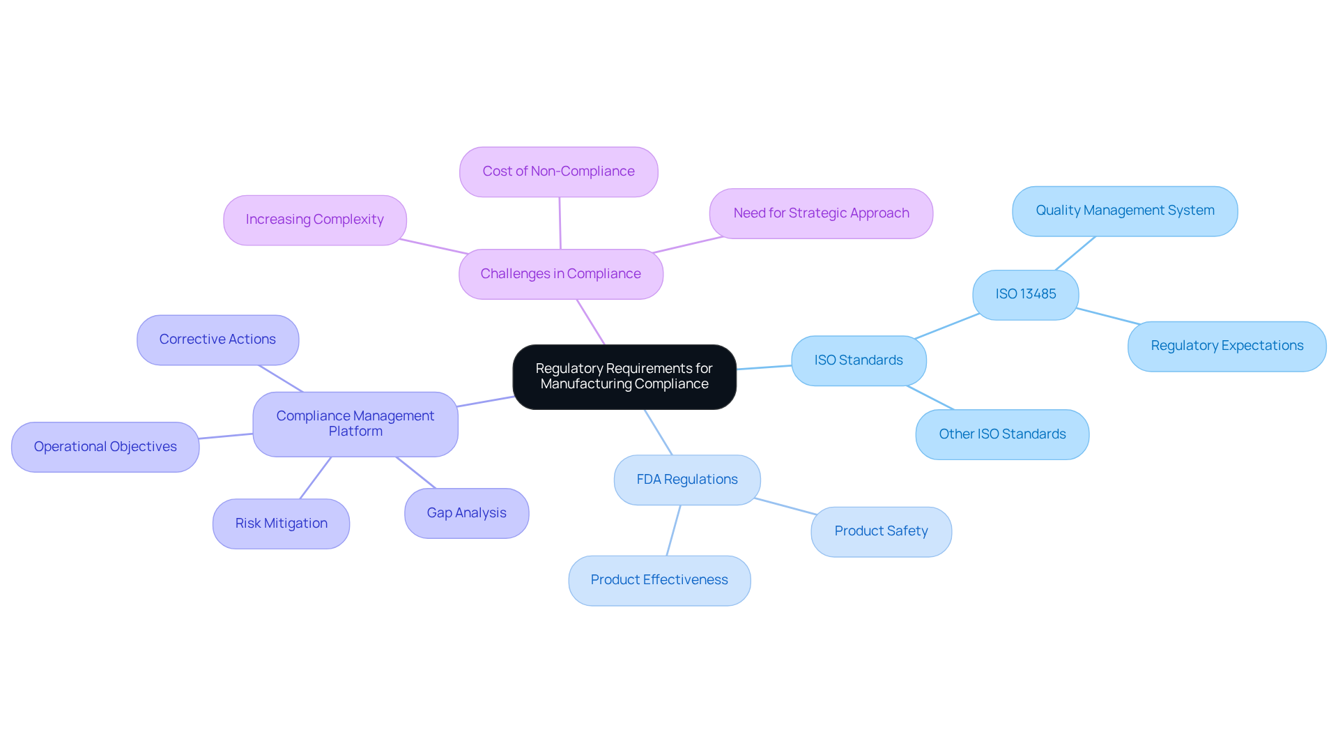The central node represents the overarching theme of regulatory compliance, while the branches illustrate key areas of focus and their importance in ensuring adherence to industry standards. The central node represents the overarching theme of regulatory compliance, while the branches illustrate key areas of focus and their importance in ensuring adherence to industry standards.
