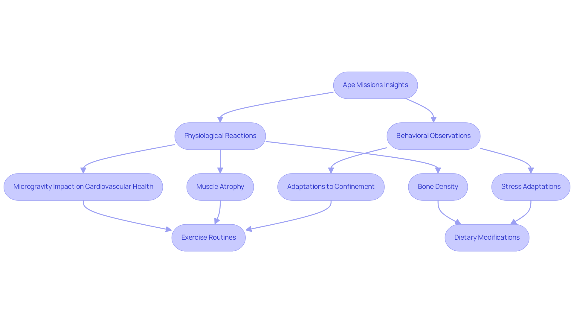This flowchart shows how research from ape missions leads to insights about health in space. Follow the arrows to see how observations translate into practical measures for astronauts. This flowchart shows how research from ape missions leads to insights about health in space. Follow the arrows to see how observations translate into practical measures for astronauts.