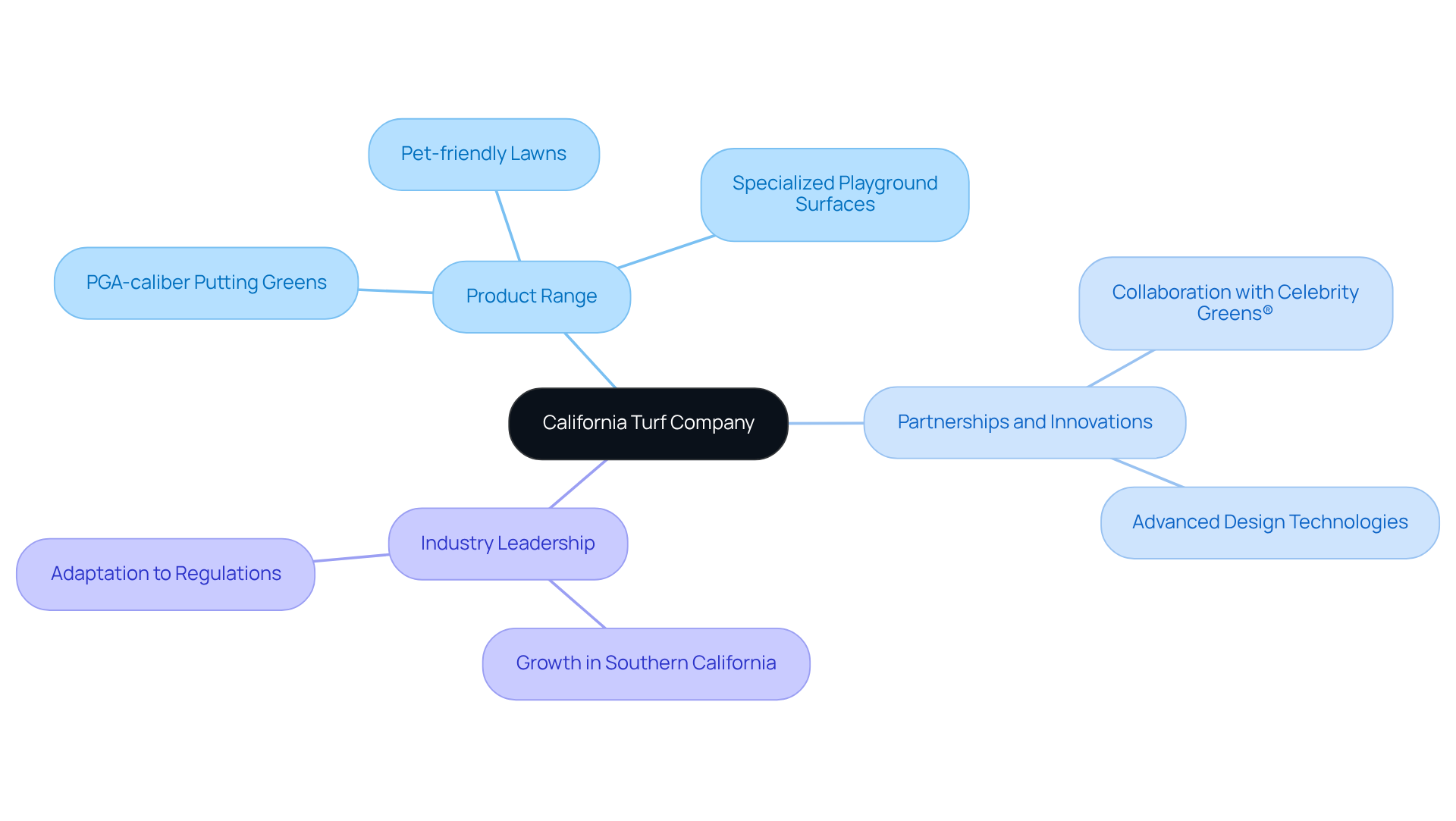 Start at the center with the company name, then explore the branches to see its products, partnerships, and leadership in the industry. Each branch represents a key area of focus for the company.