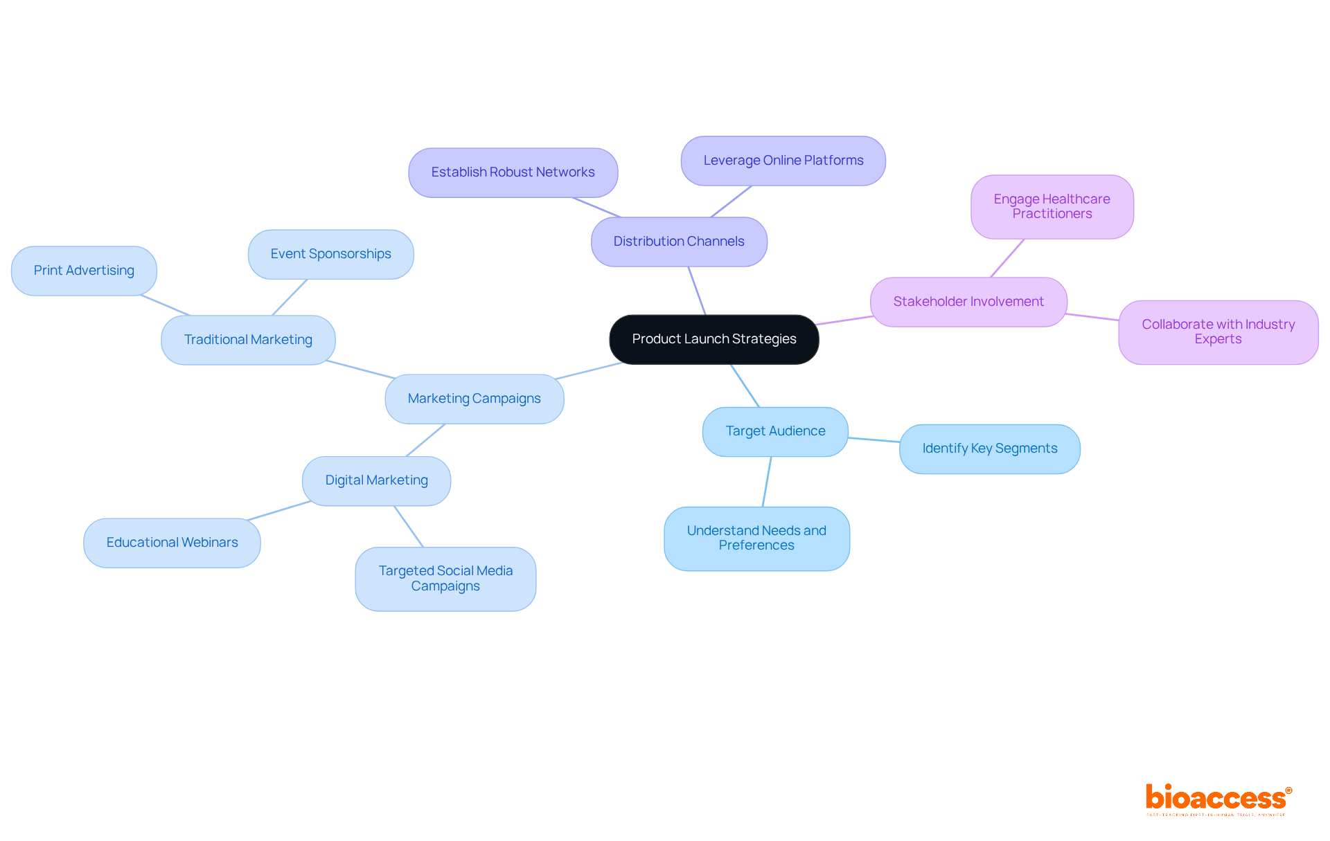 The central node represents the overall goal of launching a product. Each branch shows a key strategy, and the sub-branches provide specific actions or considerations related to that strategy.