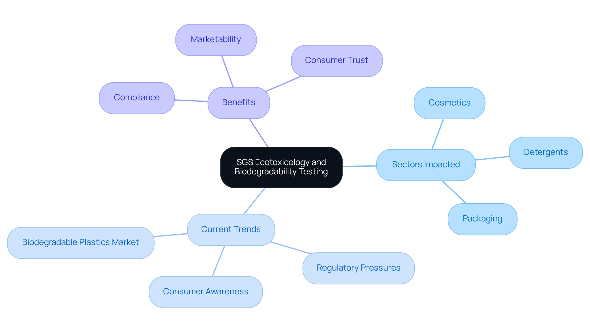 The central node represents SGS's testing services, while the branches show how these services connect to different sectors, trends in sustainability, and the benefits for manufacturers.
