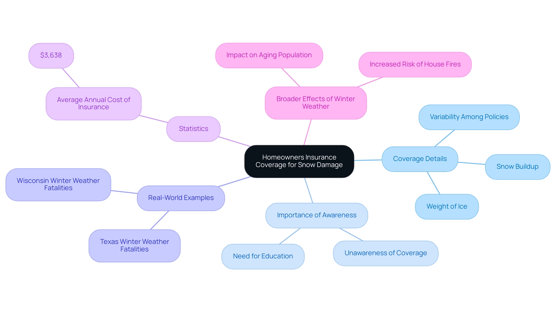 The central node represents the main topic, with branches showing key areas of discussion related to snow damage and homeowners insurance.