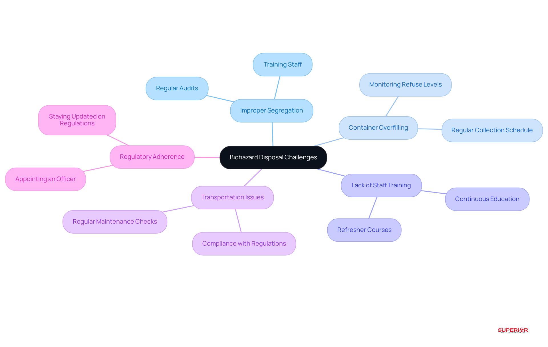 The central node represents the main topic of biohazard disposal challenges. Each branch shows a specific challenge, and the sub-branches detail the strategies to overcome those challenges. This layout helps visualize how each issue is interconnected and what actions can be taken.