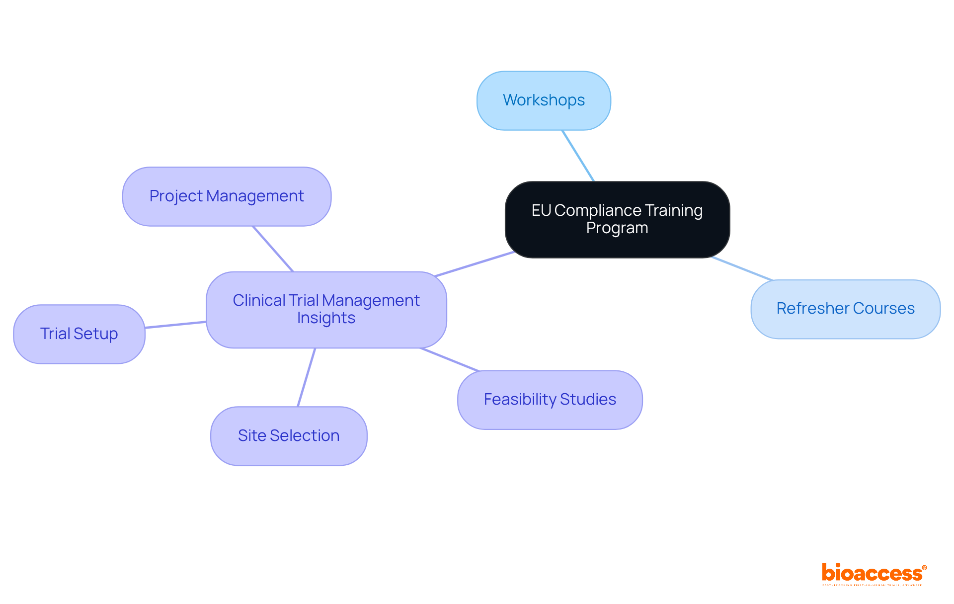 The central idea is the training program, with branches showing the different training components. Each branch further breaks down into specific areas that support compliance knowledge.