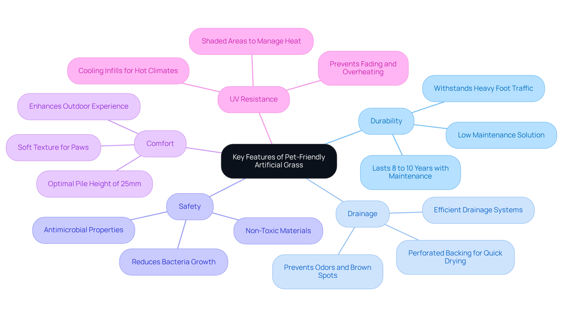 The central node represents the main topic, while the branches show important features to consider. Each feature has additional details that explain why it's important for pet owners.